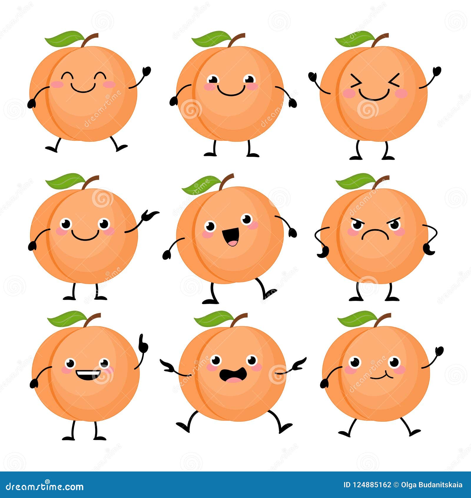 Cute Peach Characters Set With Different Emitions Vector Illust ...