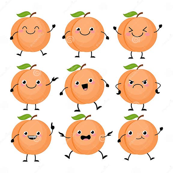 Cute Peach Characters Set with Different Emitions Vector Illust Stock ...