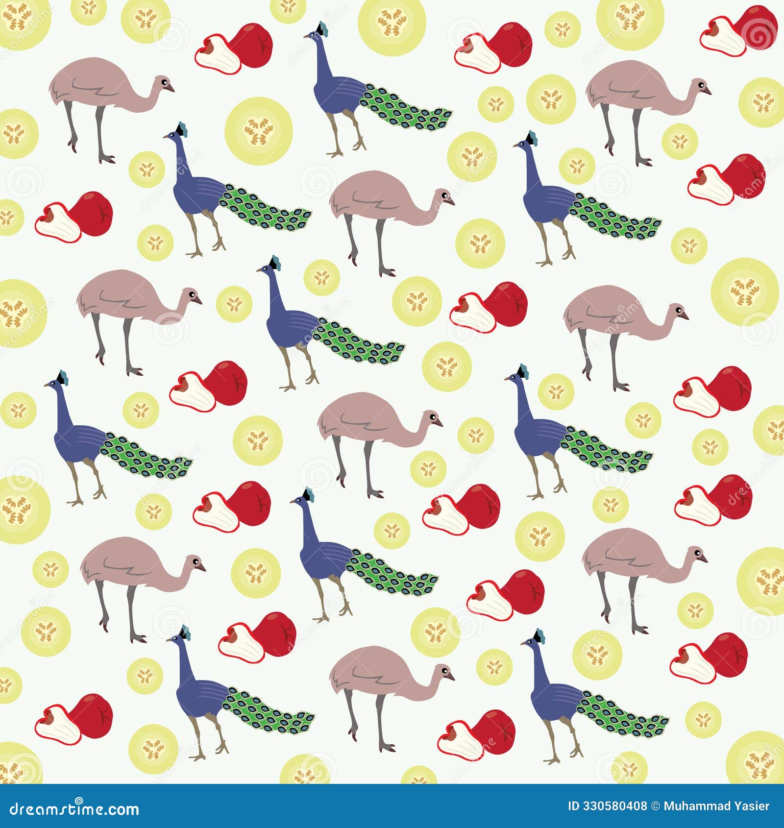 Cute Peacock, Emu with Fruit As a Pattern Background Stock Vector ...