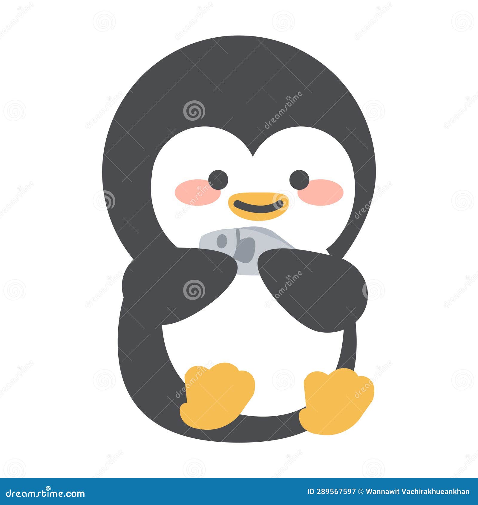 Cute Penguin Eating Fish Flat Cartoon Style Stock Vector - Illustration ...