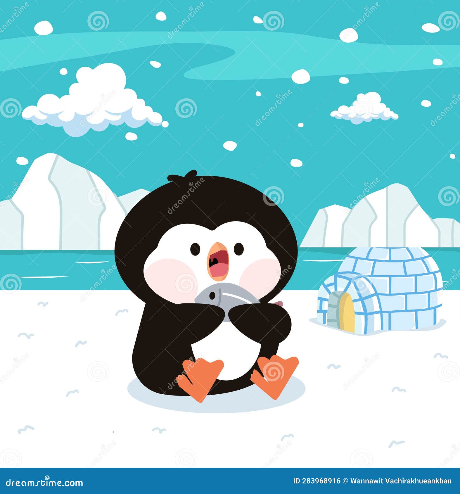 Cute Penguin Eating Fish with North Pole Arctic Stock Vector ...