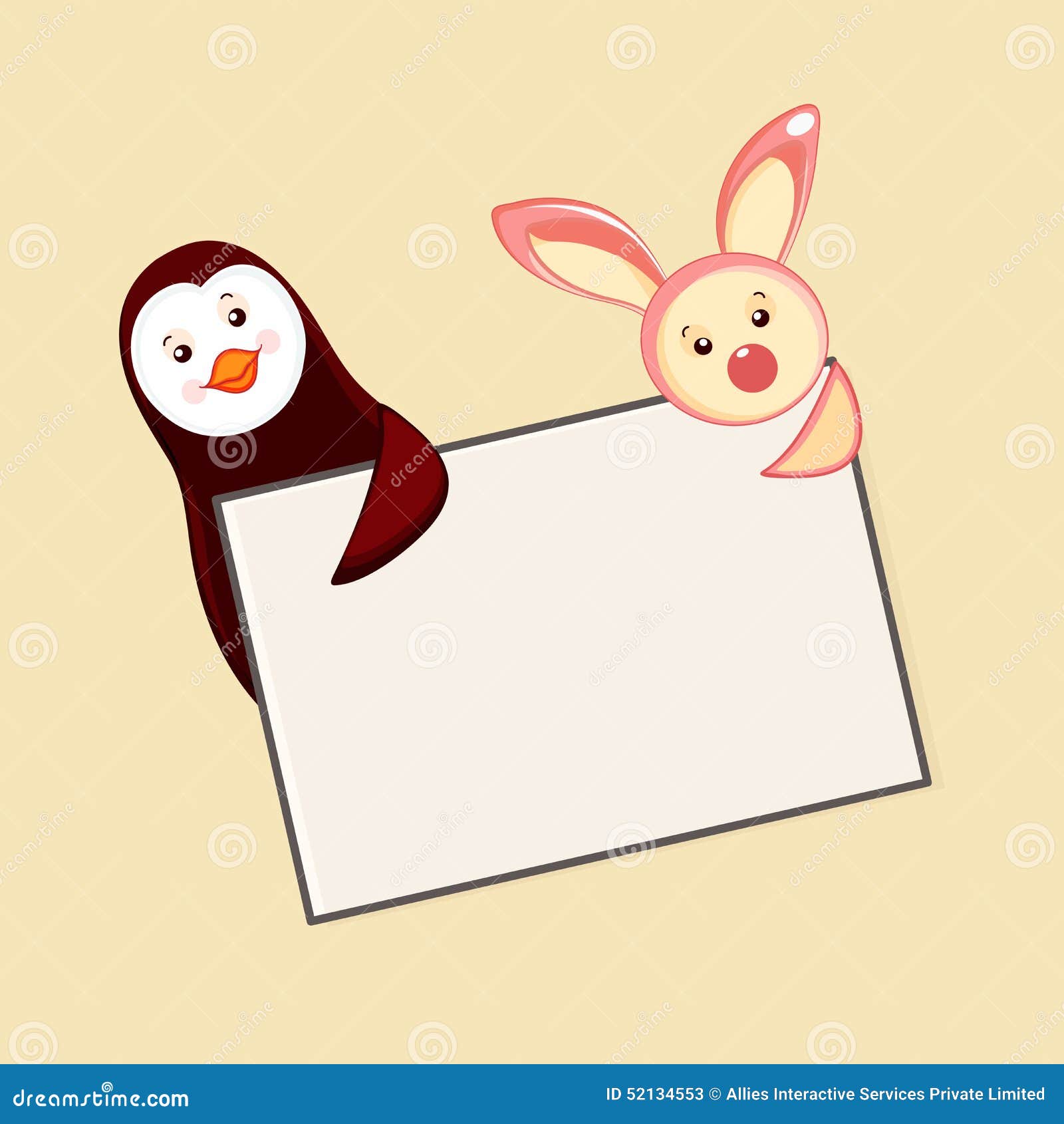 Cute Penguin and Rabbit Holding a Blank Frame. Stock Illustration ...