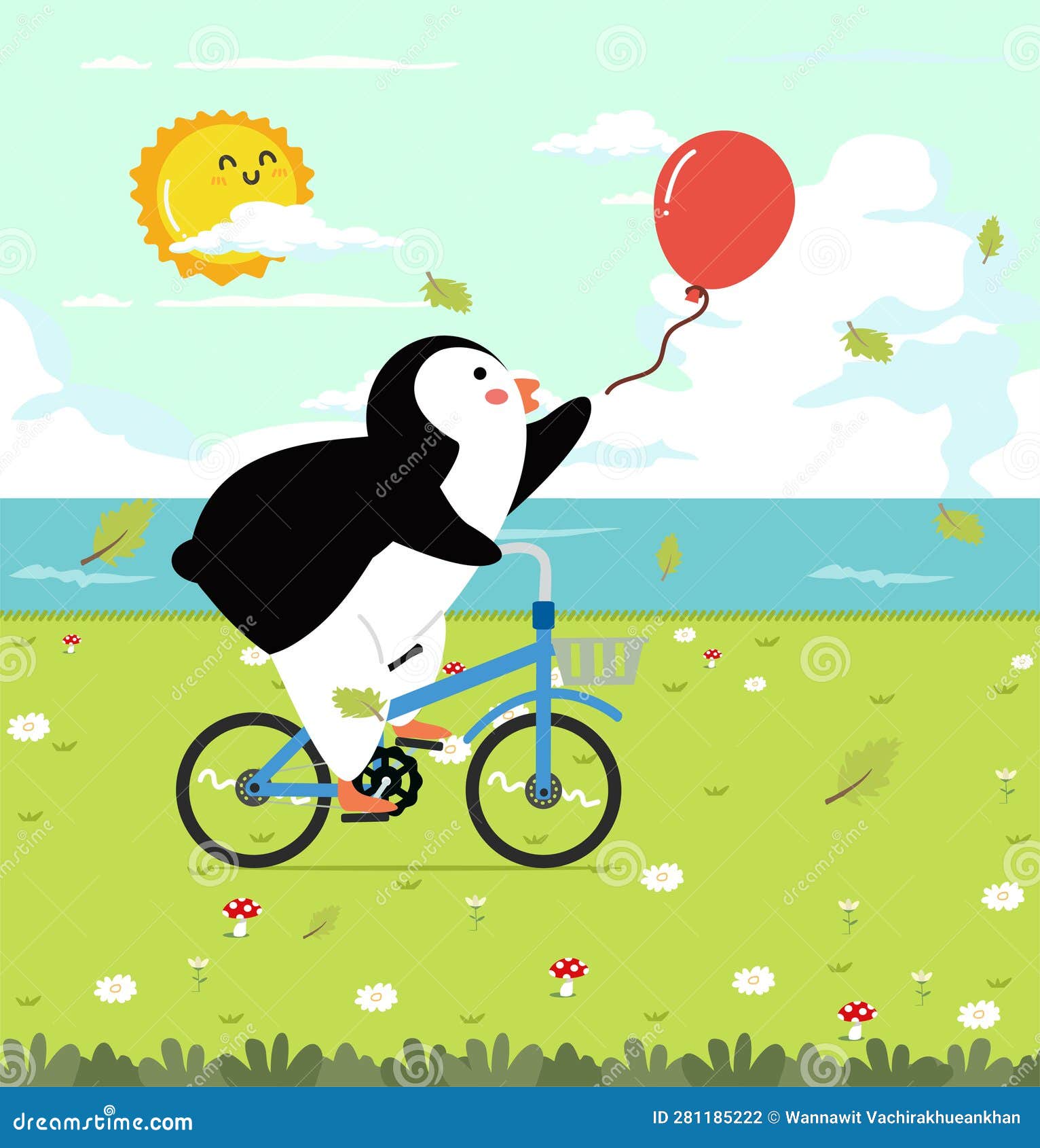 Cute Penguin Riding a Bicycle in the Fields Stock Vector - Illustration ...