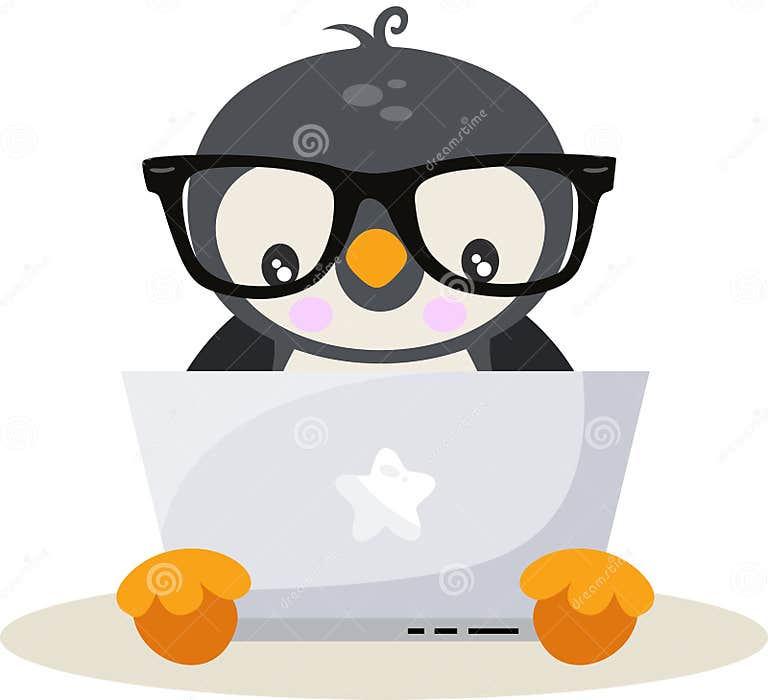 Cute Penguin Working with Laptop Stock Vector - Illustration of joyful ...