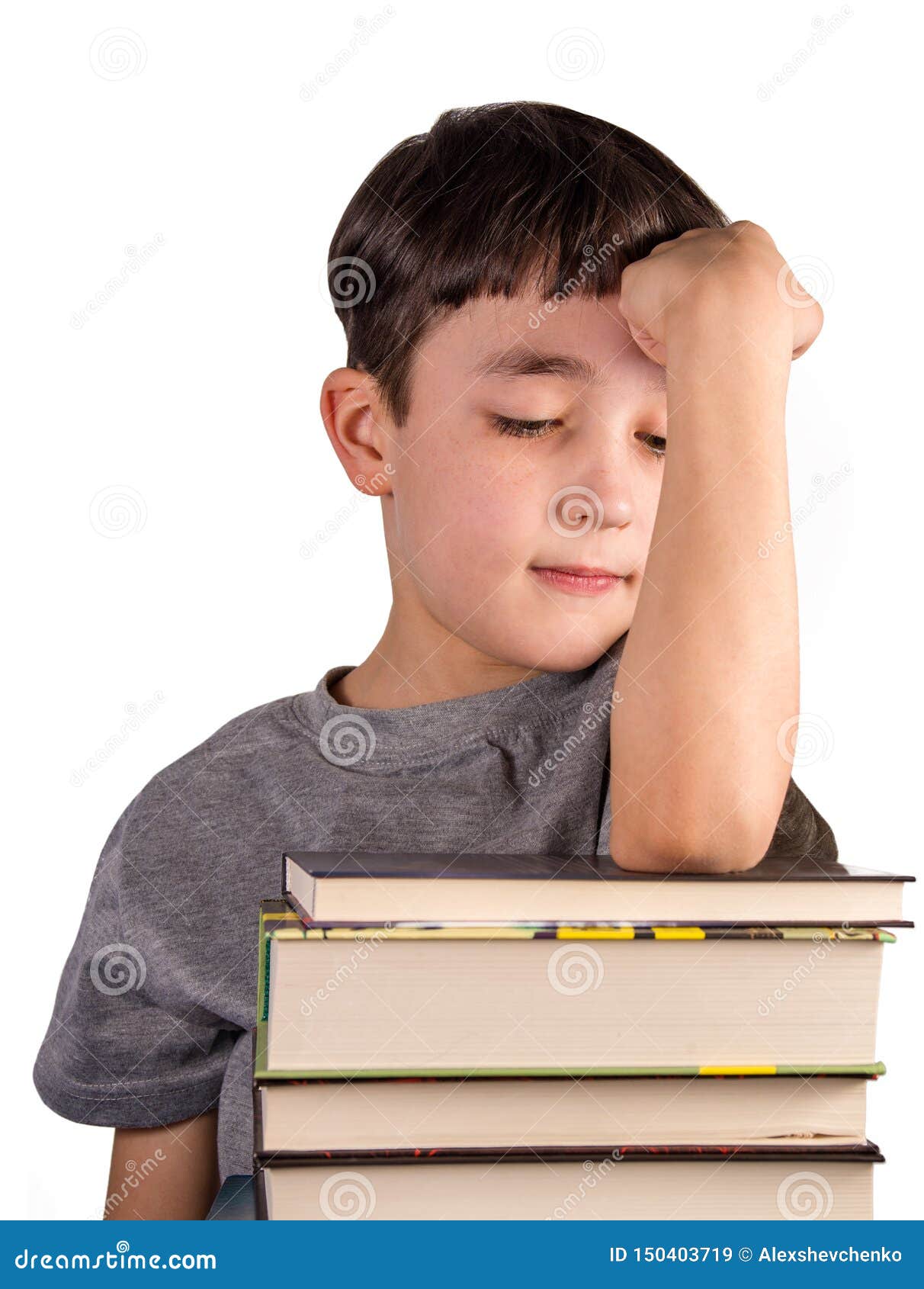 Cute Pensive Boy with a Stack of Books Stock Image - Image of books ...