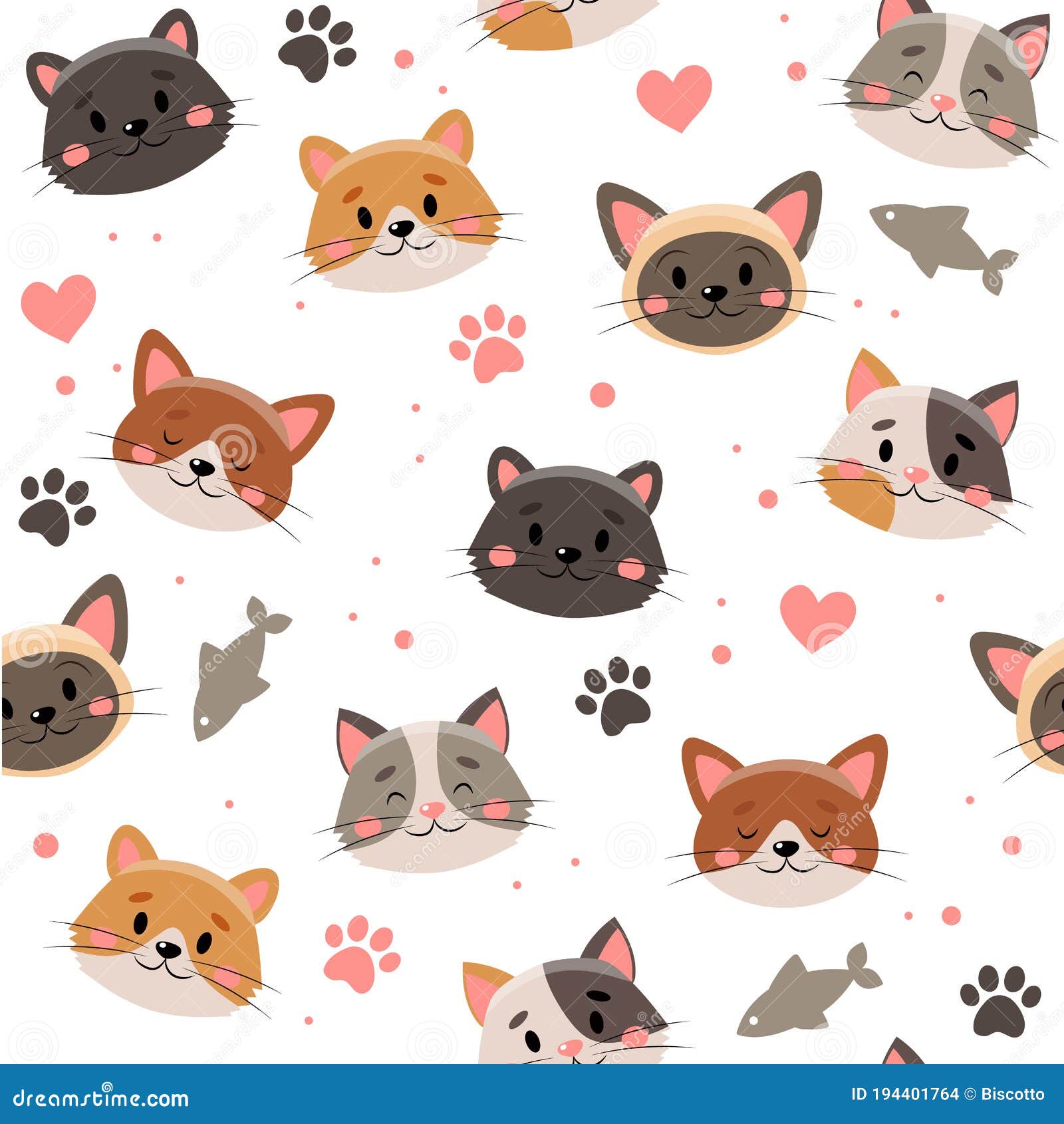 Cute Pets Pattern, Different Cats. Vector Illustration in Flat Style ...