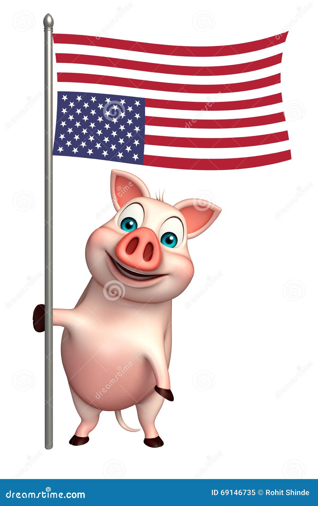 Cute Pig Cartoon Character with Flag Stock Illustration - Illustration ...