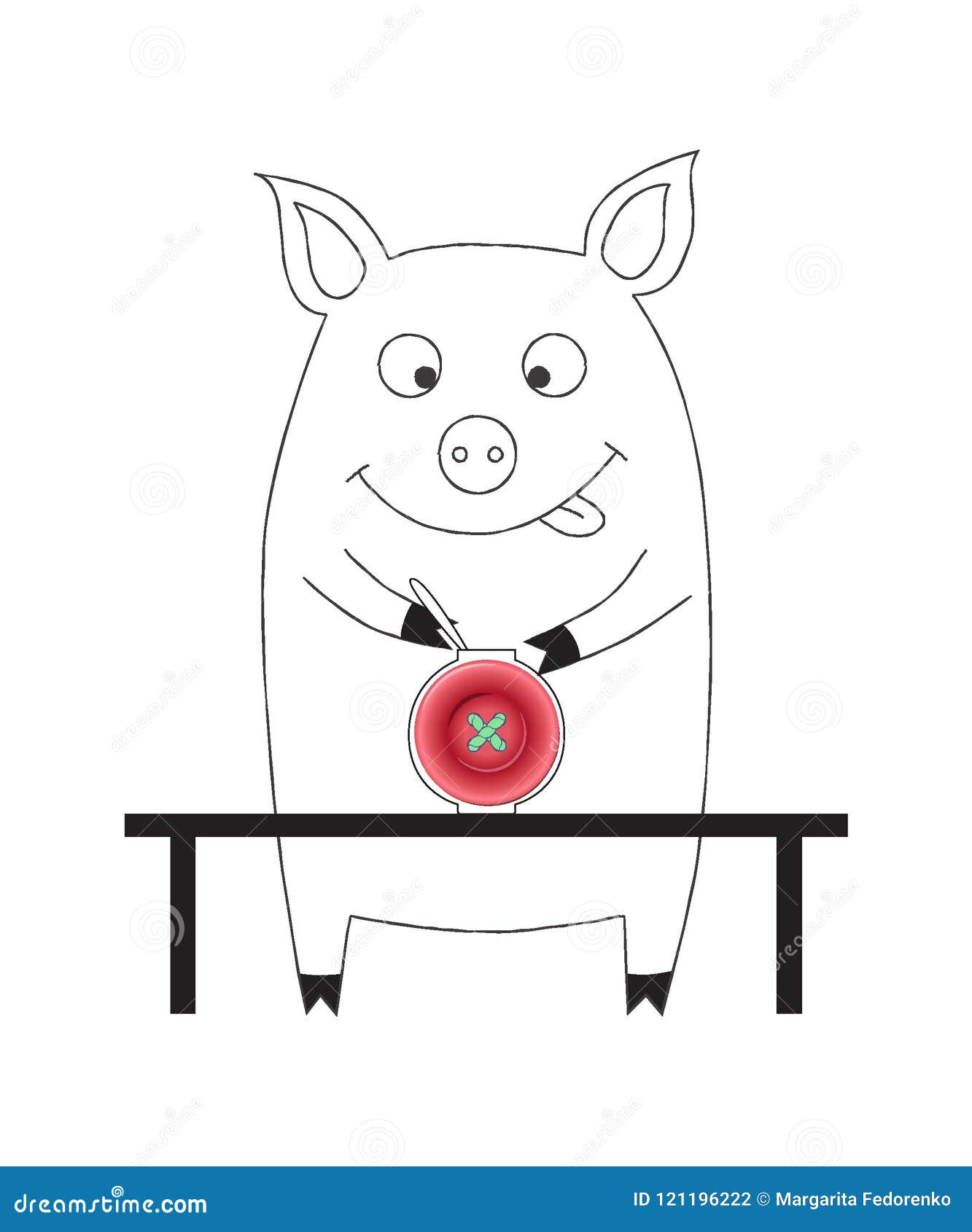 Cute Pig in Cartoon Linear Style with Realistic Pink Button Object ...