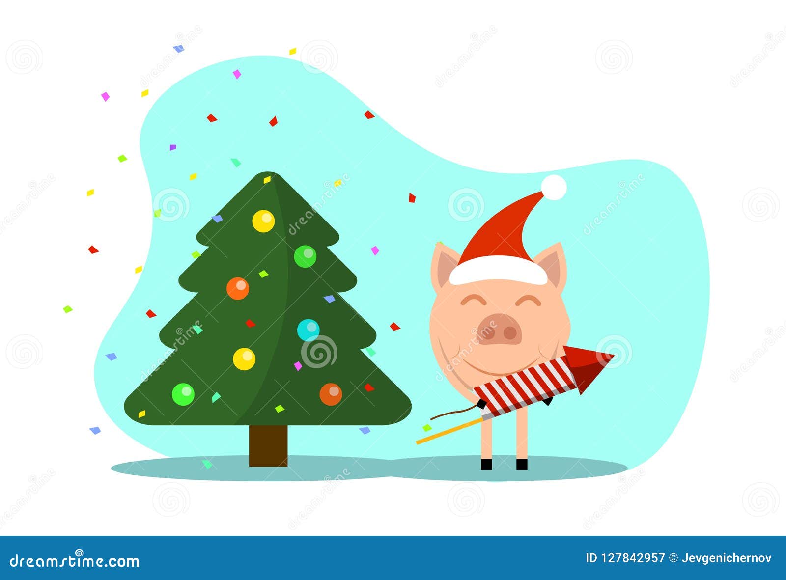 Cute Pig by the Christmas Tree with Fireworks Rocket Stock Vector ...