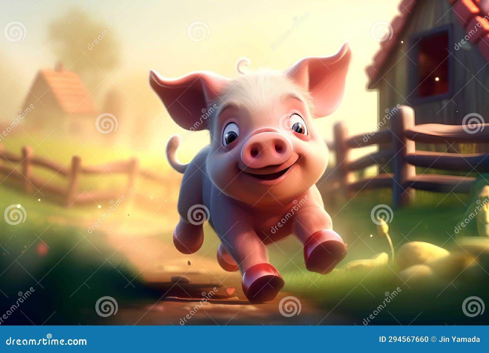 Cute Pig Jumping on the Grass in the Village, 3d Illustration Stock ...