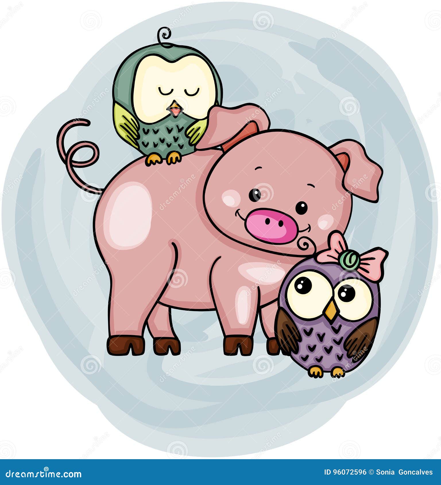 Cute pig with owls stock vector. Illustration of bird - 96072596