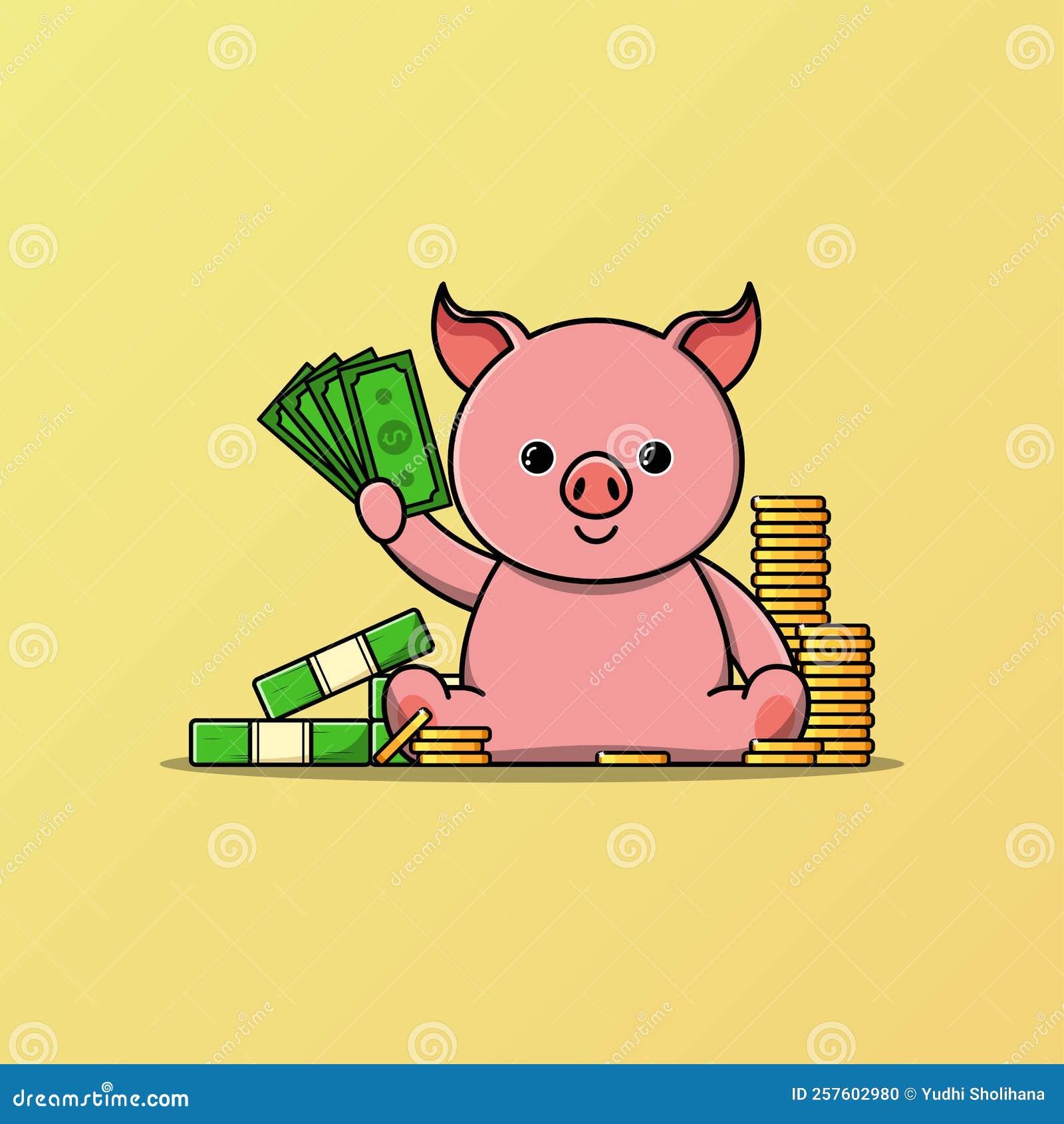 Cute Pig with Pile of Coins and Money Stock Vector - Illustration of ...