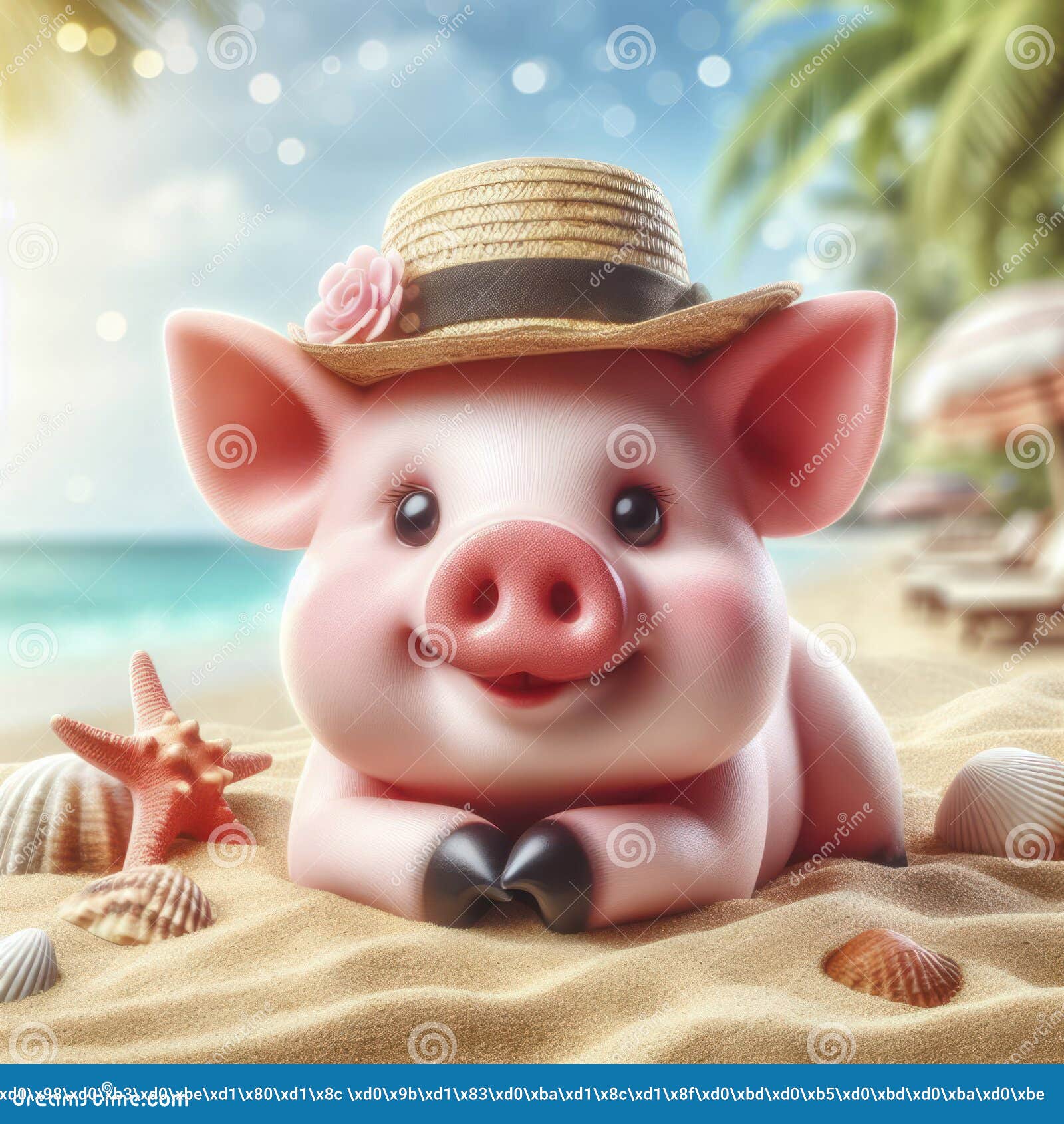 Cute Pig with Surprised Expression Resting on Vacation on a Beach with ...