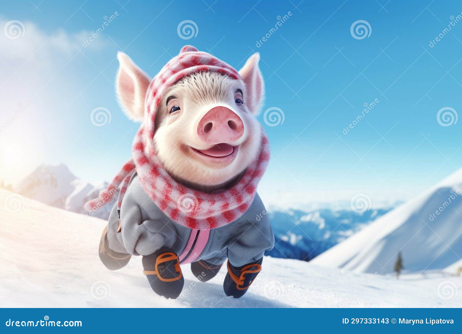 Cute Pig in Winter Clothes on a Background of Snowy Mountains Stock ...
