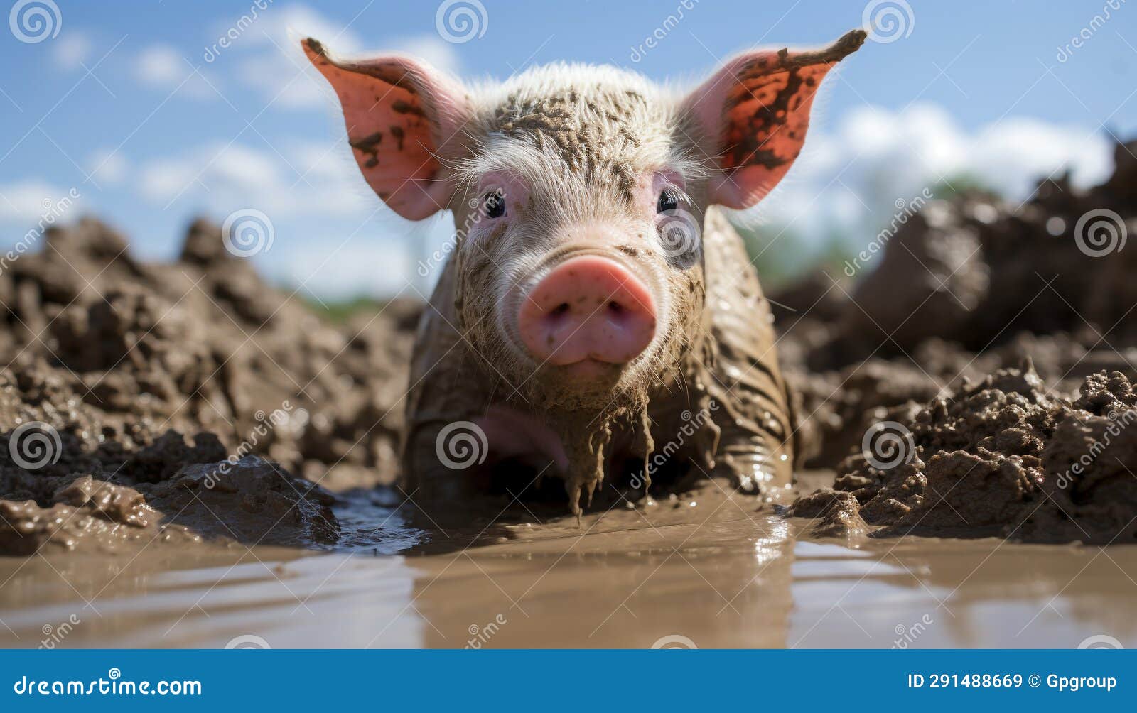 Cute Piglet in Mud, Looking at Camera on Farm Generated by AI Stock ...