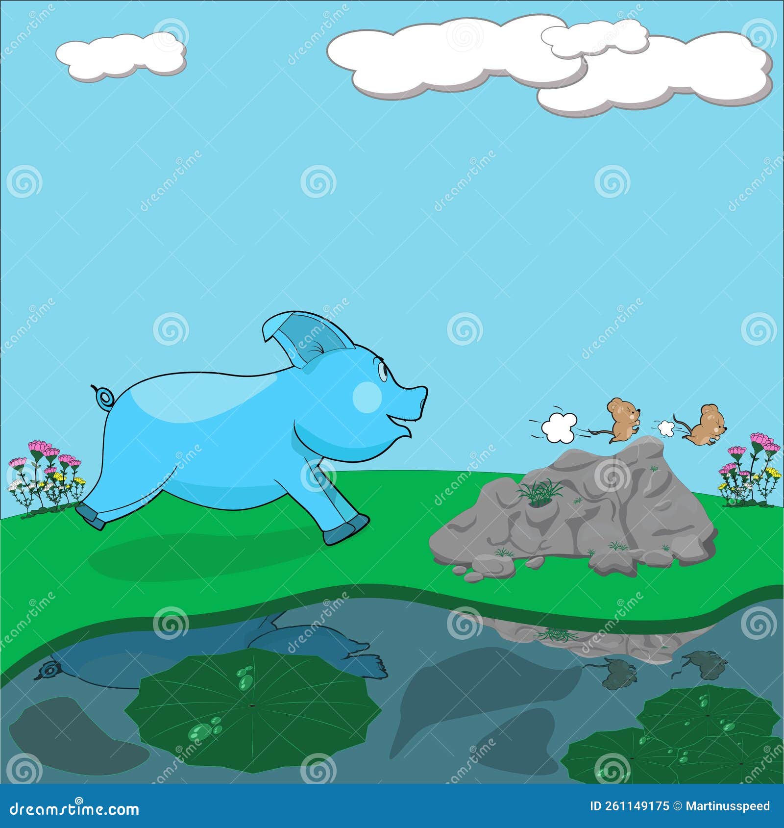 A Cute Piglet Running Around Chasing Two Mice in the Park. Stock Vector ...
