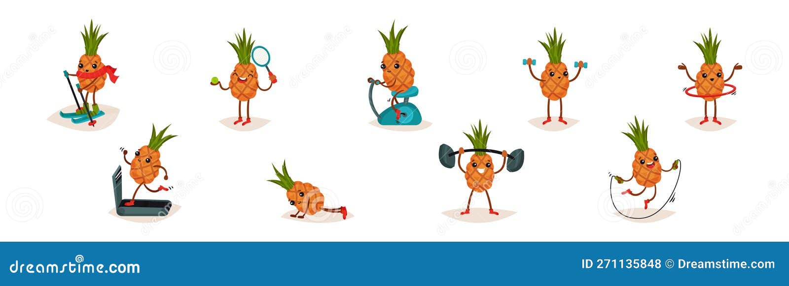 Cute Pineapple Doing Sport and Physical Activity Vector Set Stock ...