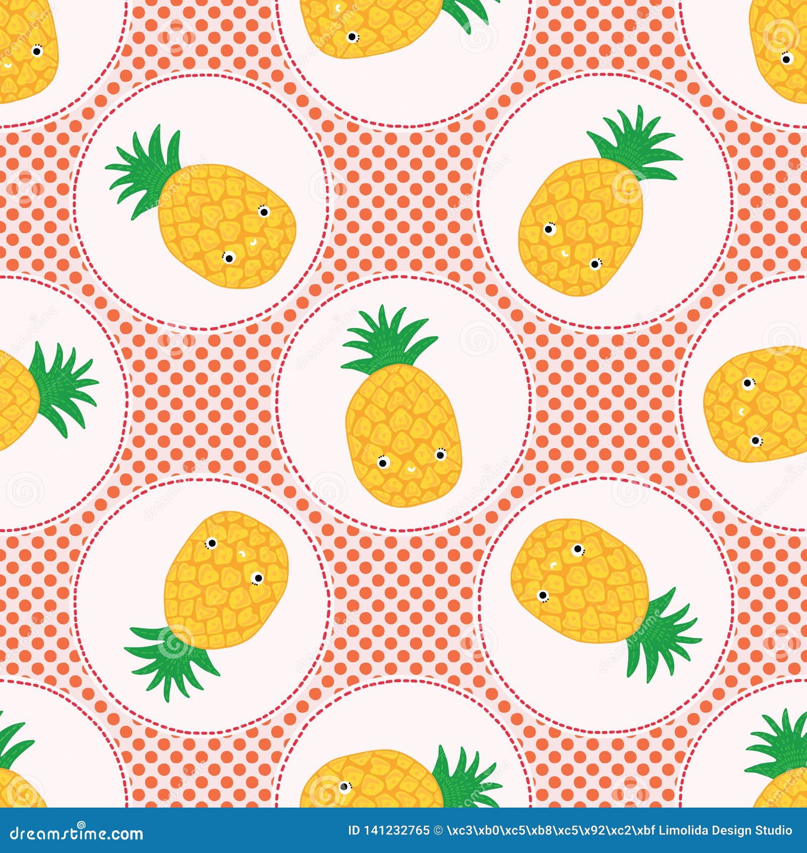 Cute Pineapple Polka Dot Vector Illustration Seamless Repeating