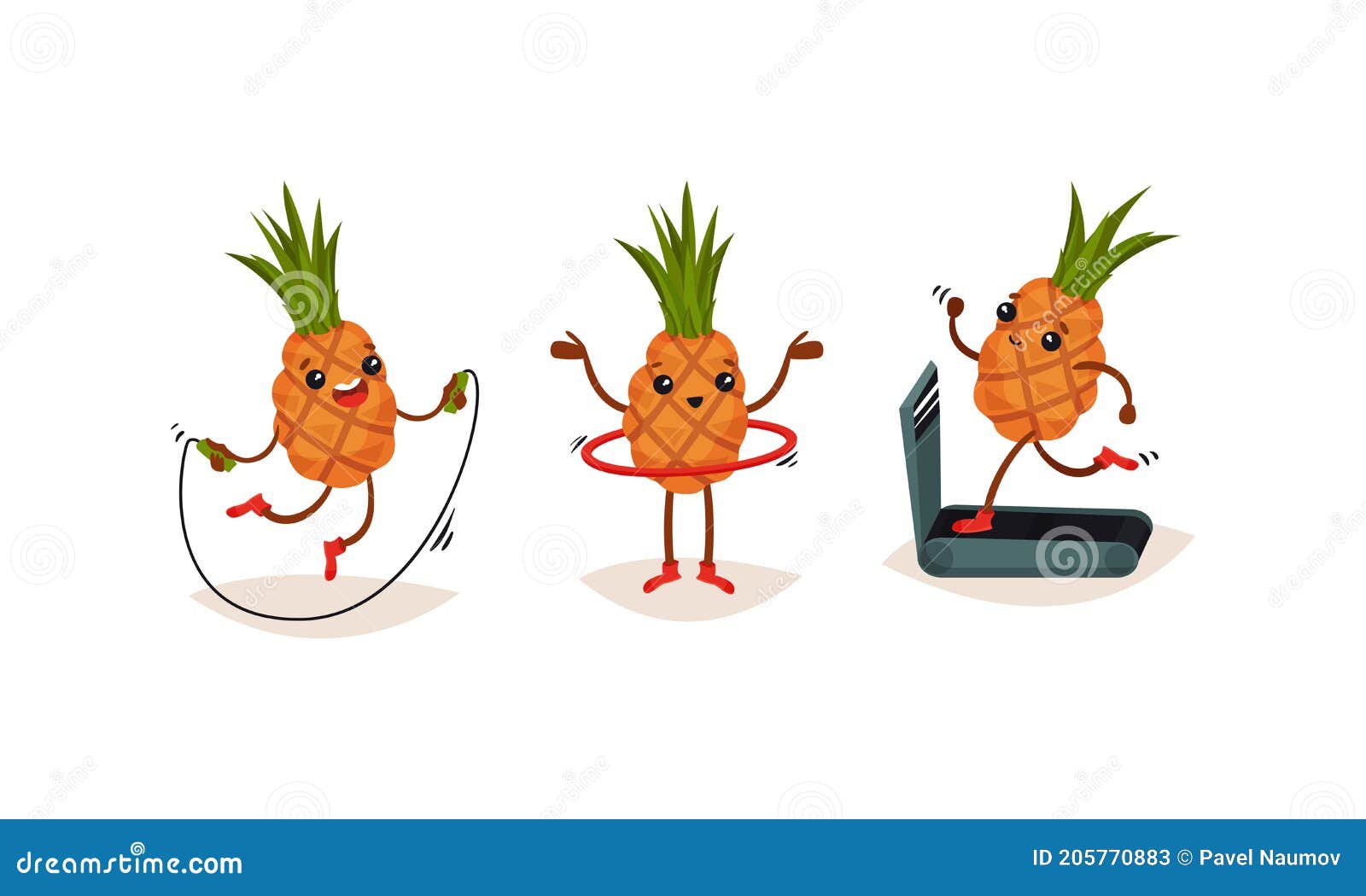 Cute Pineapple Running on Treadmill and Jumping Rope Vector Set Stock ...