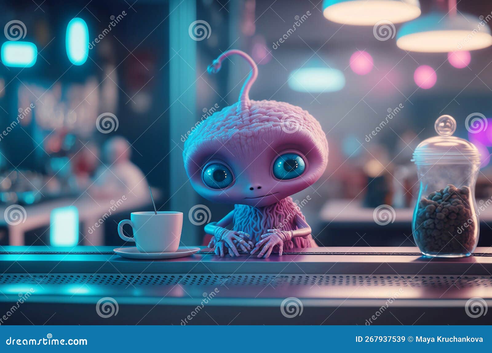 Cute pink alien in cafe stock illustration. Illustration of blue ...