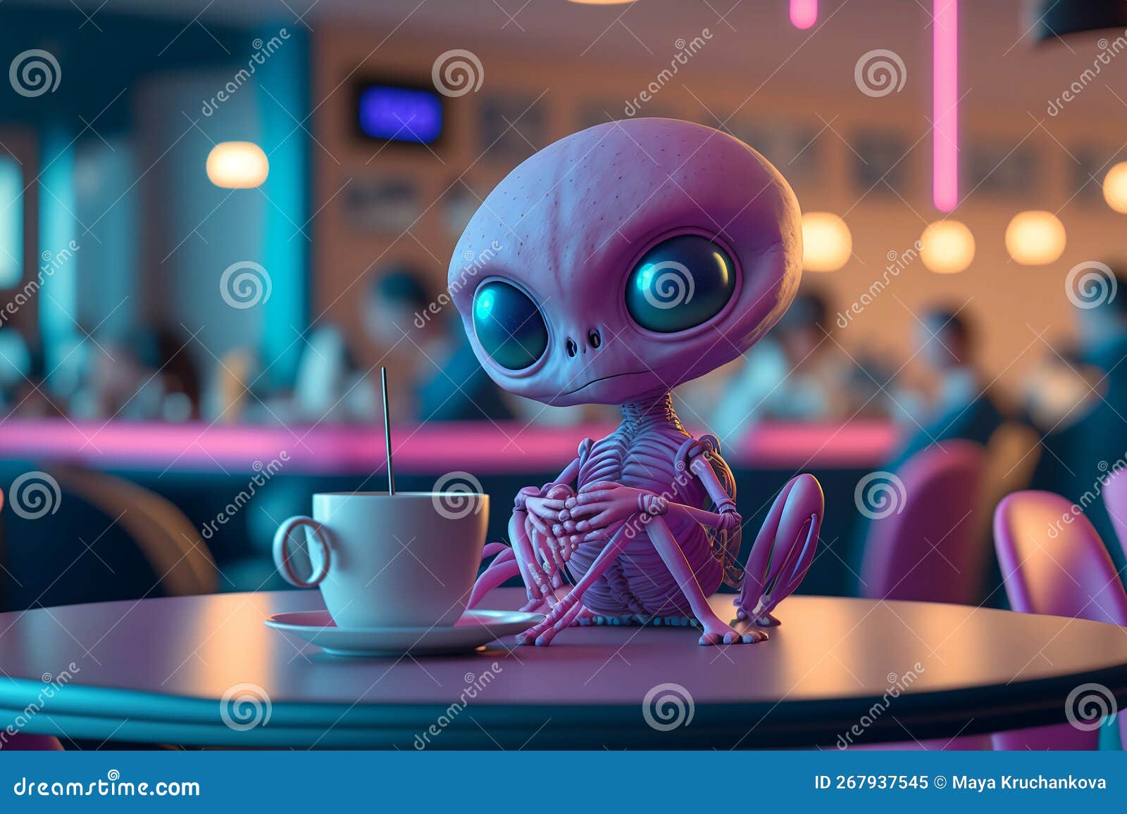 Cute pink alien in cafe stock illustration. Illustration of emotion ...