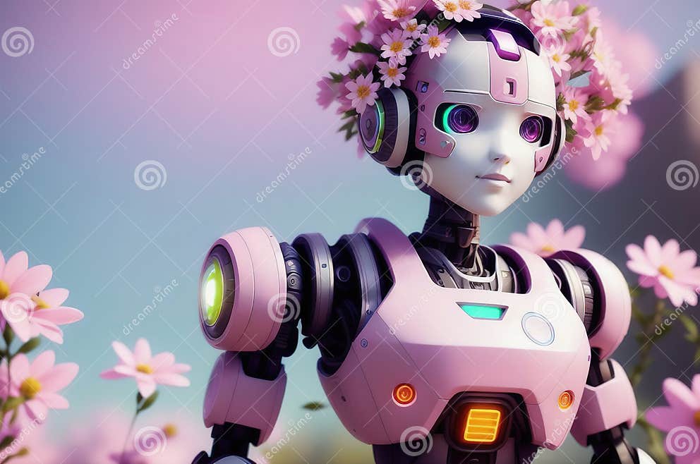 Cute Pink Android Robot Artificial Intelligence. Generative AI Stock ...