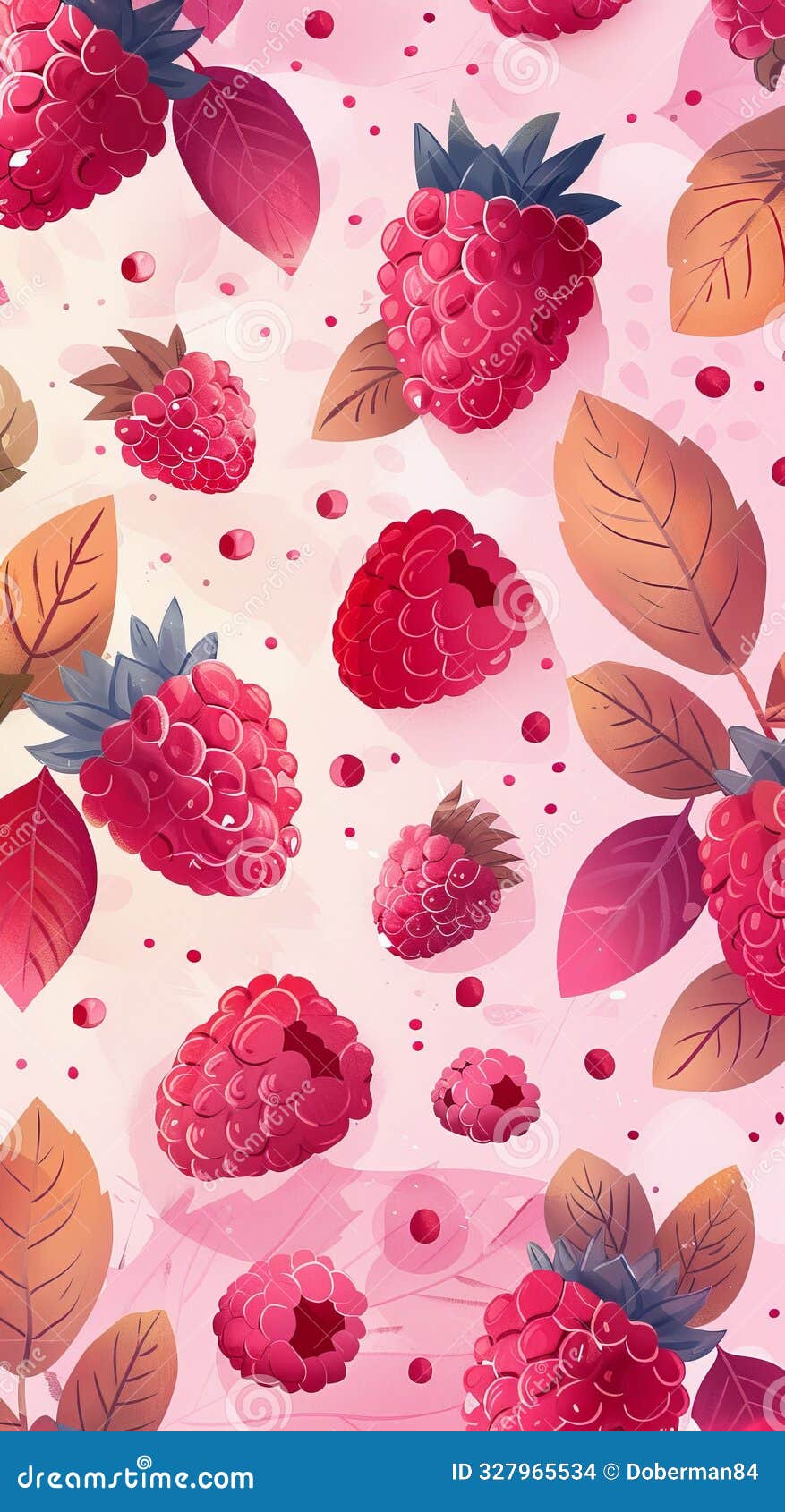 Cute Pink Background with Raspberries and Leaves in a Pattern Stock ...