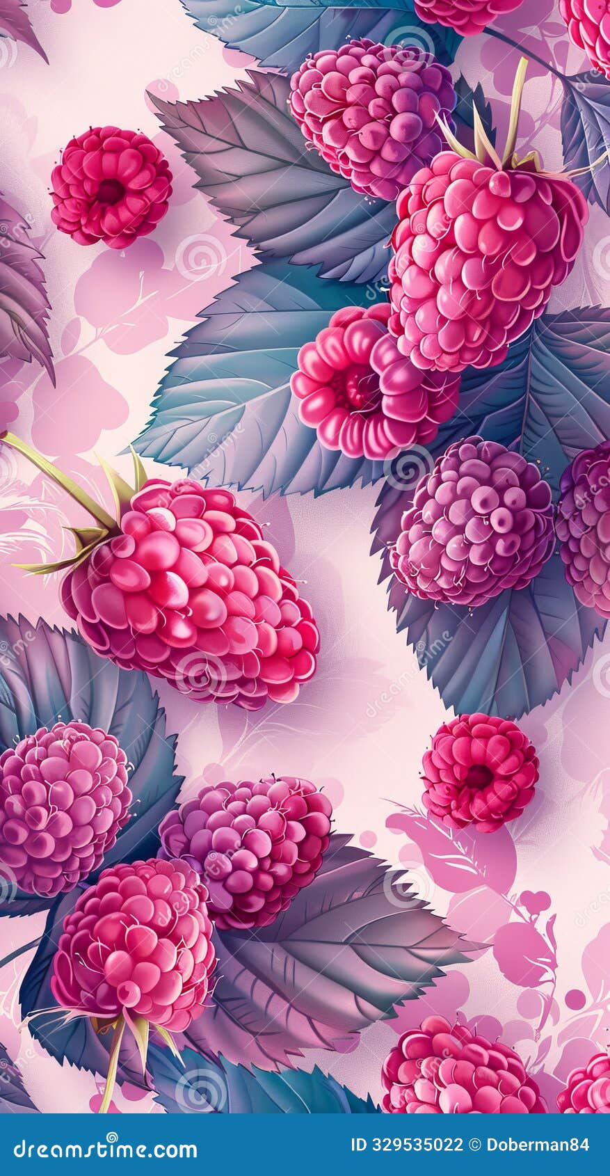 Cute Pink Background with Raspberries and Leaves in a Pattern Stock ...