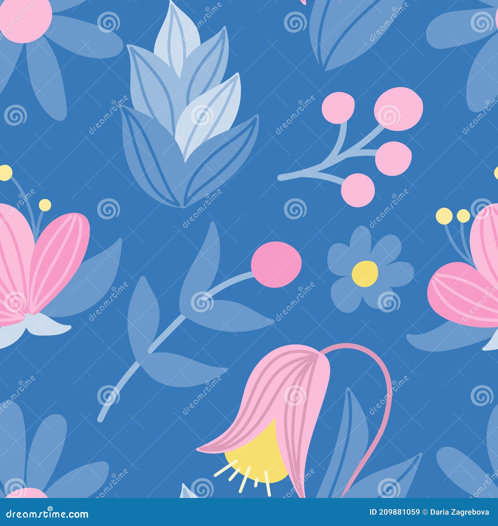 Cute Pink and Blue Flowers. Vector Seamless Pattern in Flat Style Stock ...
