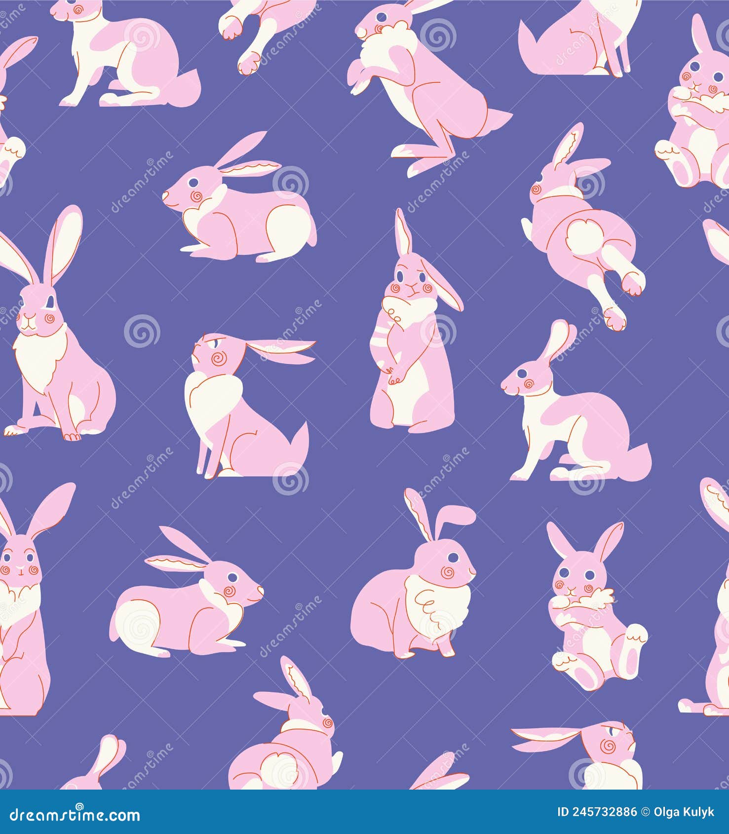 Cute Pink Bunny Vector Seamless Pattern on Purple Background. Print ...