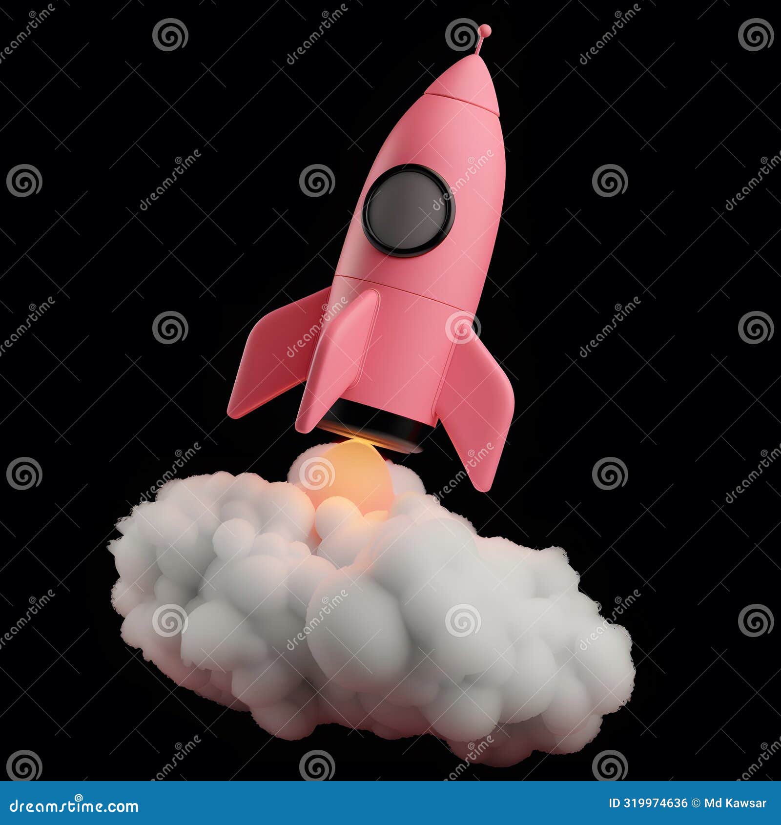 Cute Pink Cartoon Rocket Taking Off from White Cloud Stock Illustration ...