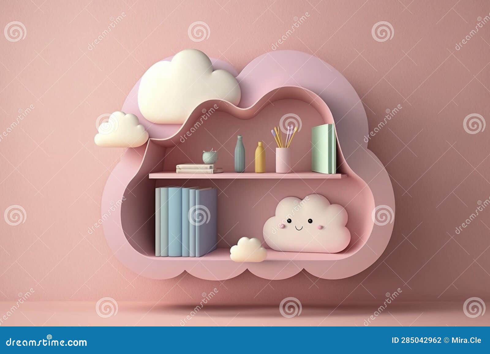 Cute Pink Cloud Shape Bookshelf, Created with Generative AI Stock ...