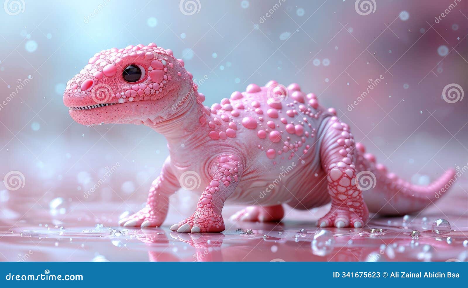 Adorable Pink Dinosaur in a Magical Landscape Stock Illustration ...
