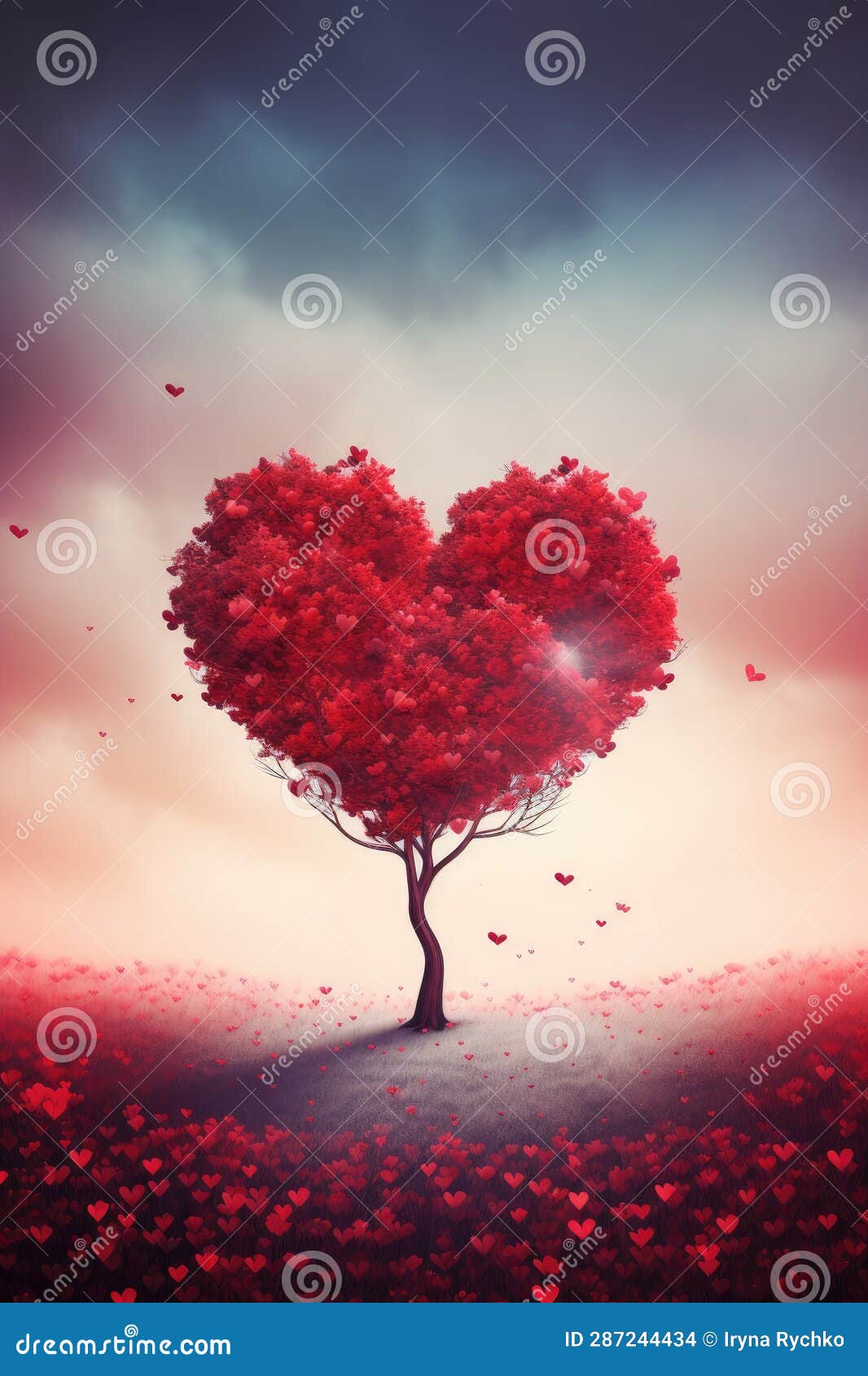 Cute Pink Heart Shaped Tree on Blue Background Stock Illustration ...