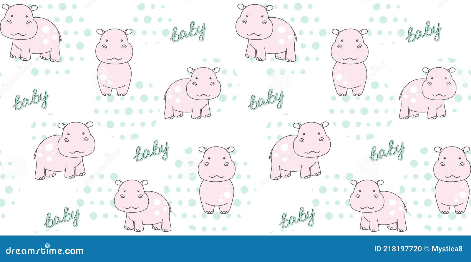Seamless Pattern With Pink Hippo And Baby Hand Lettering On A White ...