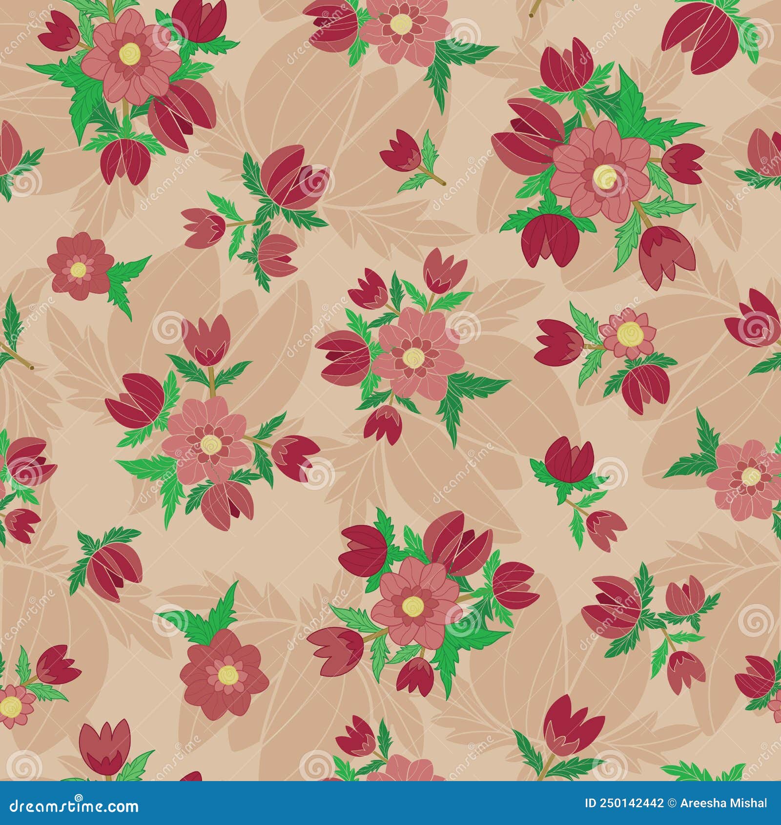 Cute Pink Rose Bunches Vector Repeat Pattern with Green Leaves Light ...