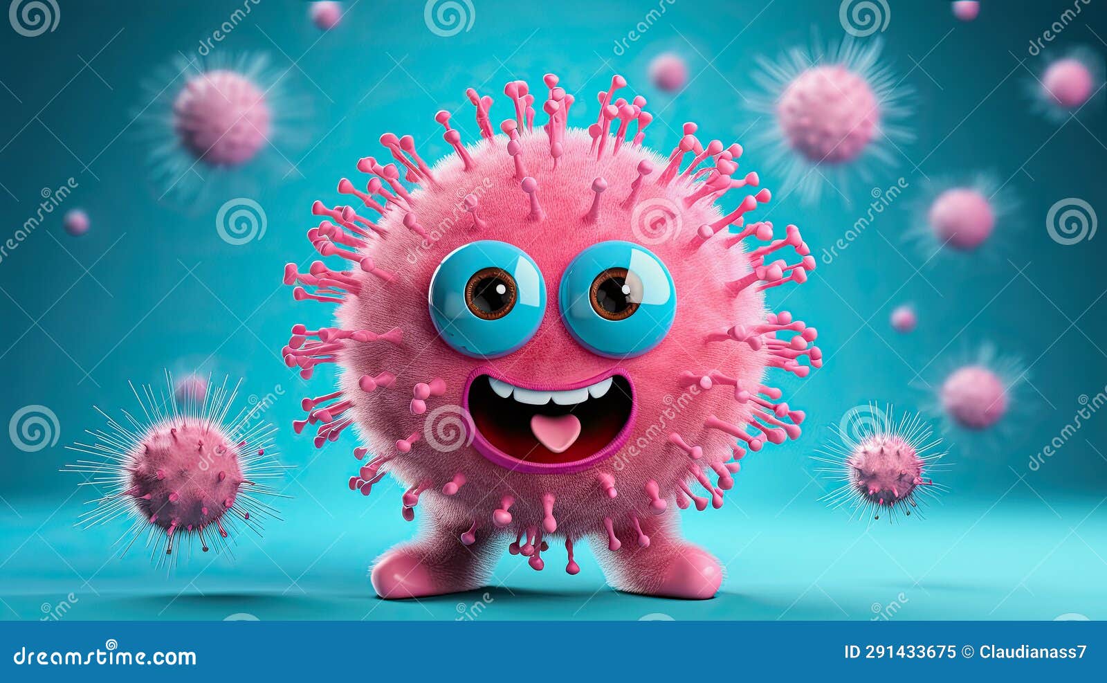 Cute Pink Virus Character Against Blue Background Stock Image - Image ...