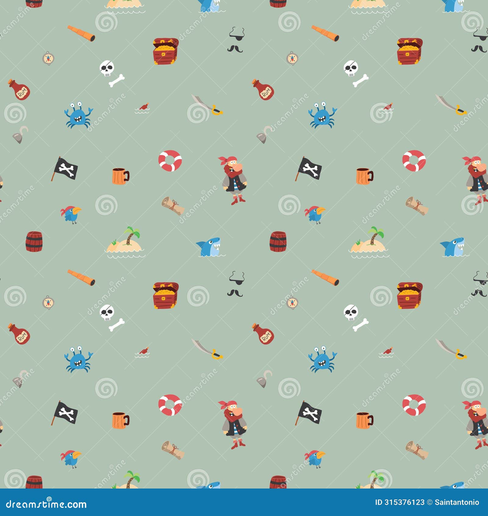 Cute Pirate Elements Seamless Pattern. Cartoon Items Pirate and Objects ...