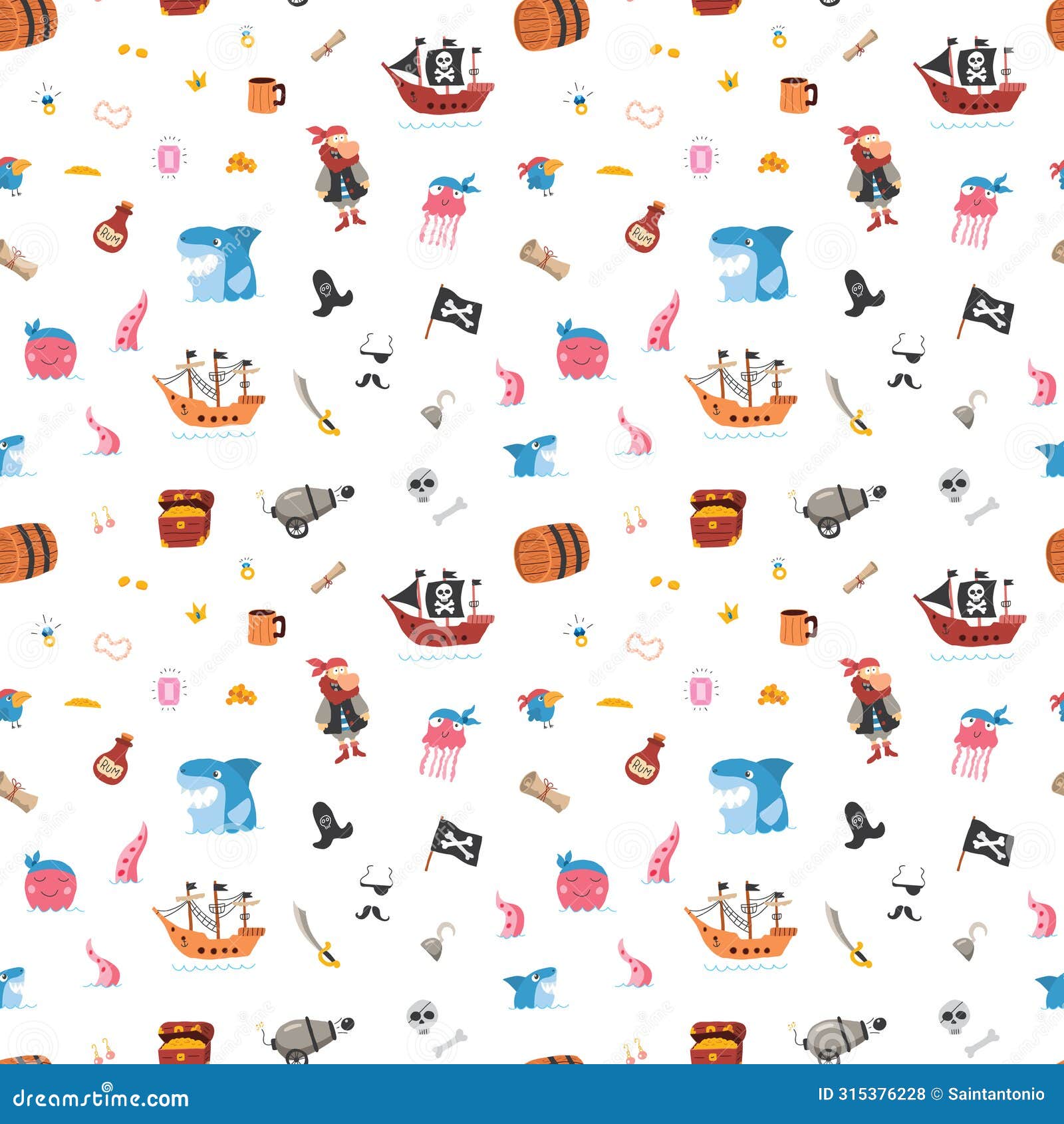 Cute Pirate Elements Seamless Pattern. Cartoon Items Pirate and Objects. Background Stock Vector ...