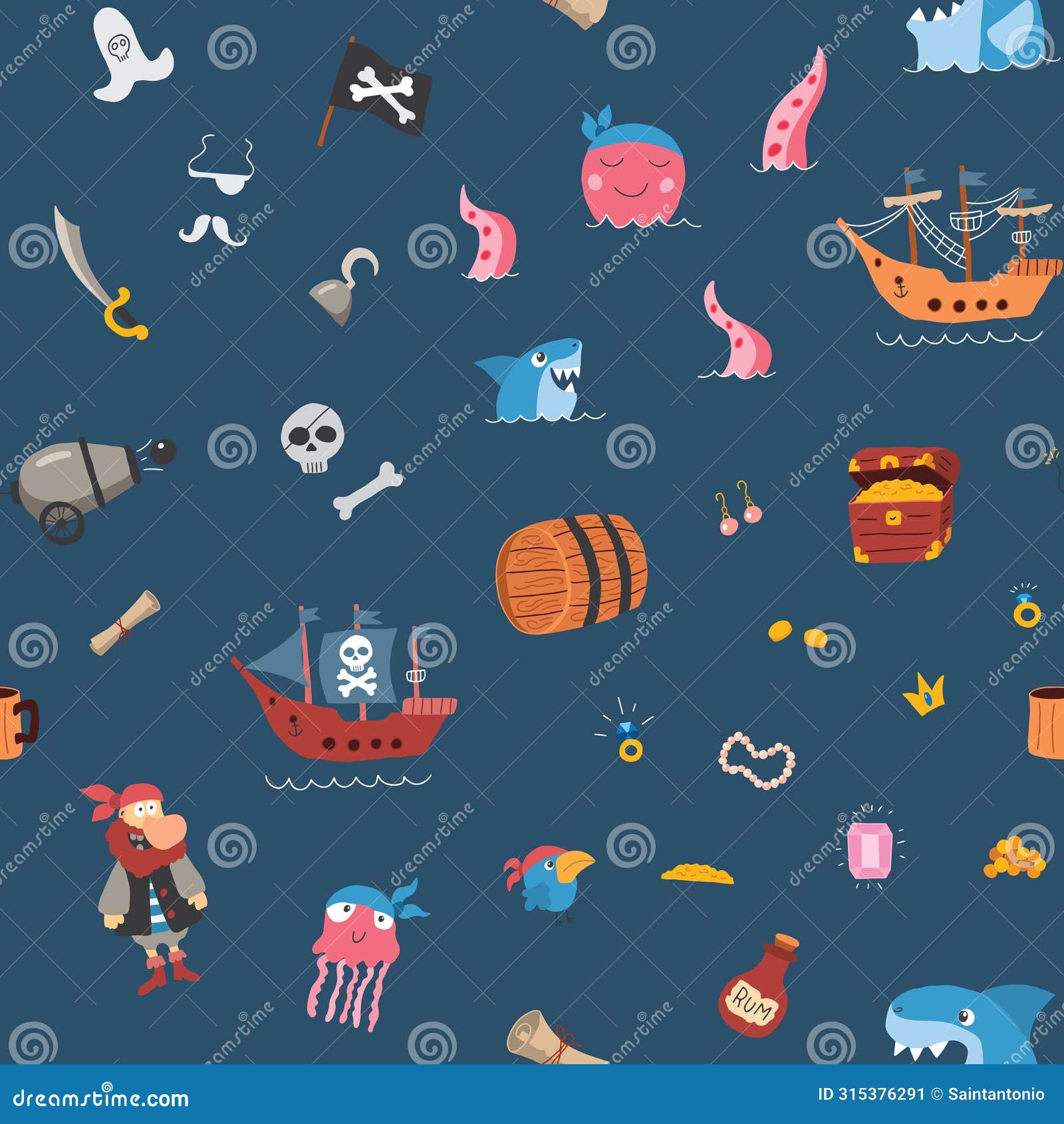 Cute Pirate Elements Seamless Pattern. Cartoon Items Pirate and Objects. Background Stock Vector ...