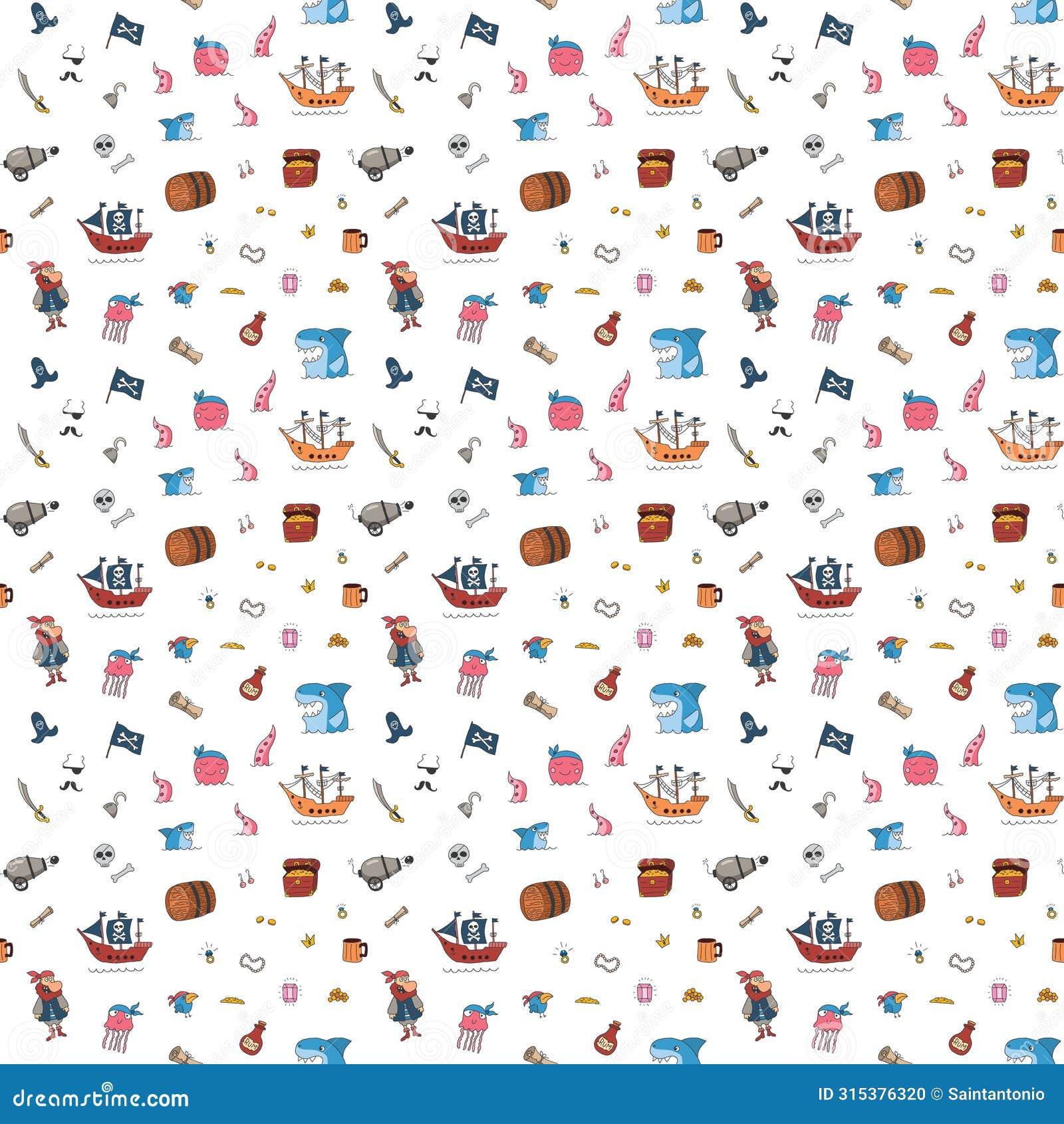 Cute Pirate Elements Seamless Pattern. Cartoon Items Pirate and Objects ...
