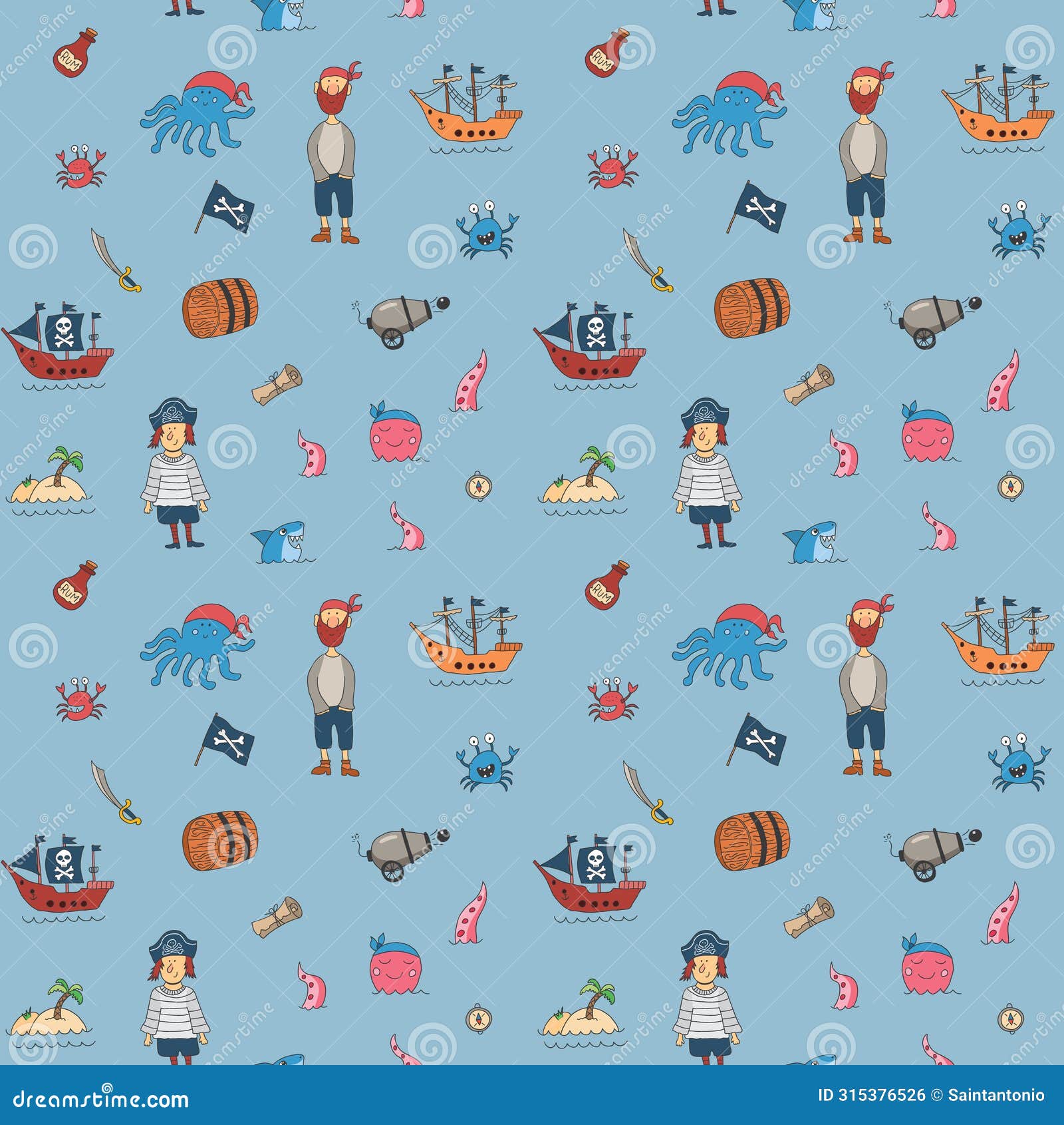 Cute Pirate Elements Seamless Pattern. Cartoon Items Pirate and Objects. Background Stock Vector ...