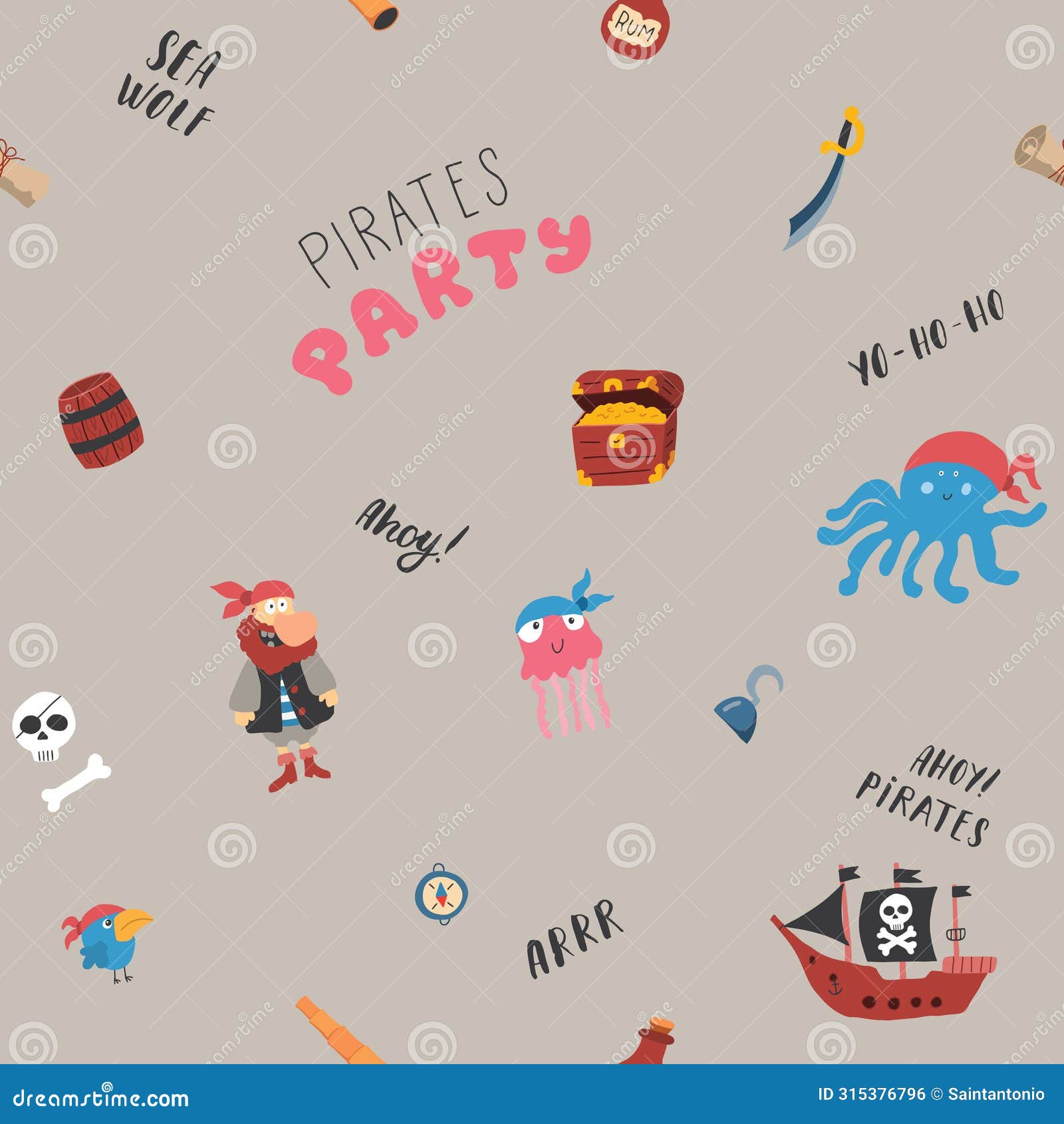 Cute Pirate Elements Seamless Pattern. Cartoon Items Pirate and Objects. Background Stock Vector ...
