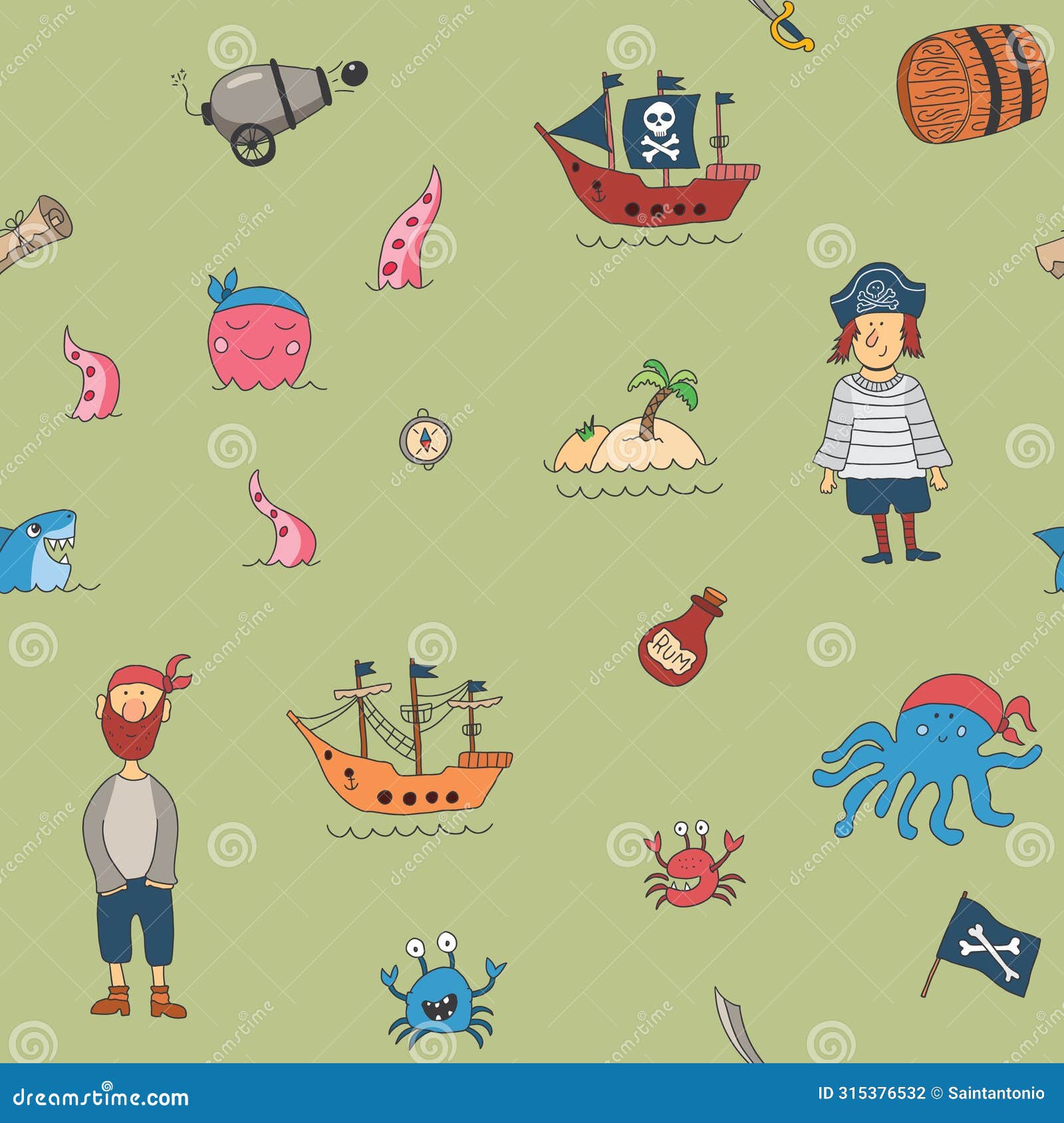 Cute Pirate Elements Seamless Pattern. Cartoon Items Pirate and Objects ...