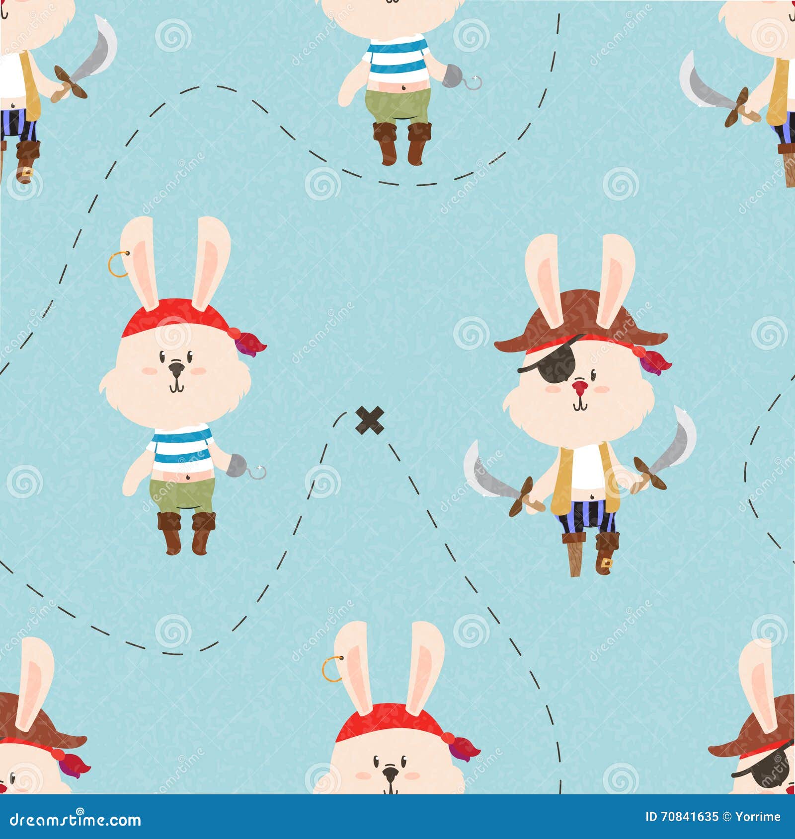 Cute Pirate Rabbits Seamless Pattern. Treasure Map Lines Stock Vector ...