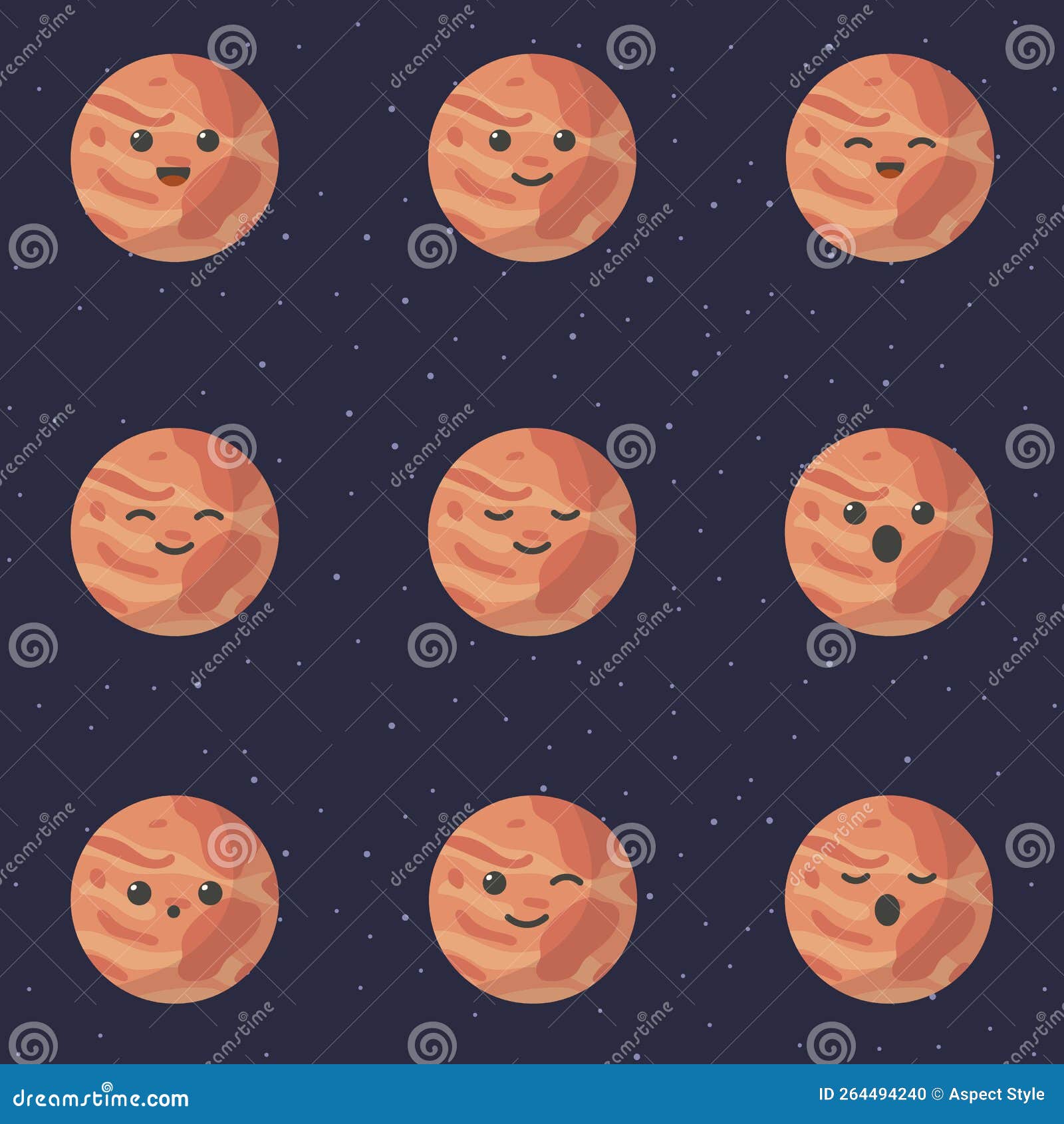 Cute Planet Mars Cartoon Character. Set of Cute Cartoon Planets with ...