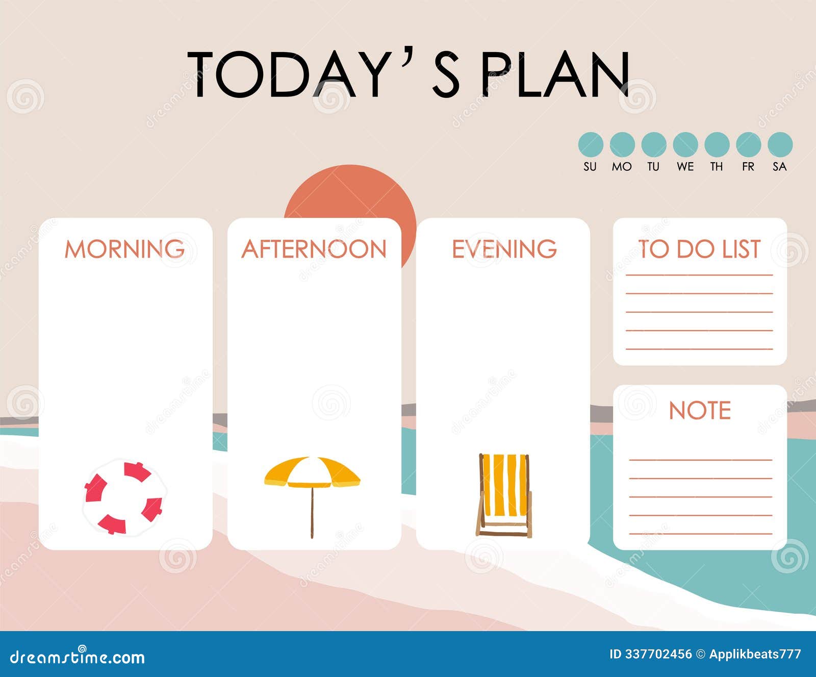 Cute daily Planner Background with Beach,sun,sea,sand.Vector ...