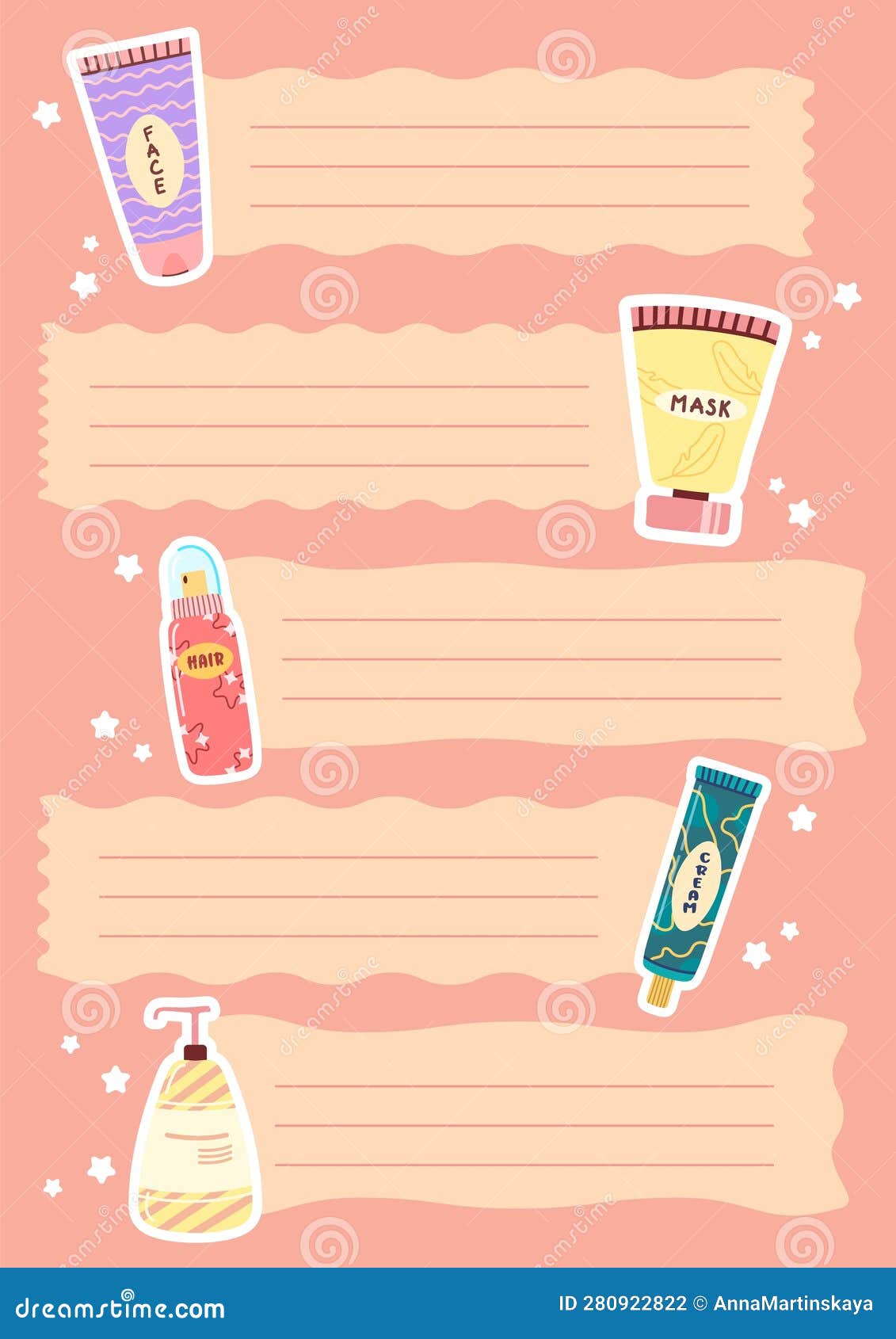 Cute Planner Page with Make Up Cosmetics. Weekly or daily Note Cards ...