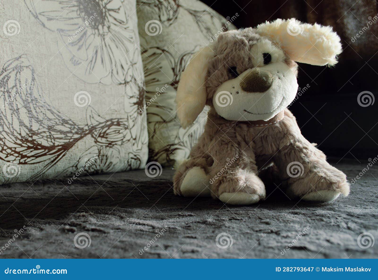 Cute Plush Dog Toy Sitting on Velour Sofa Stock Image - Image of soft ...