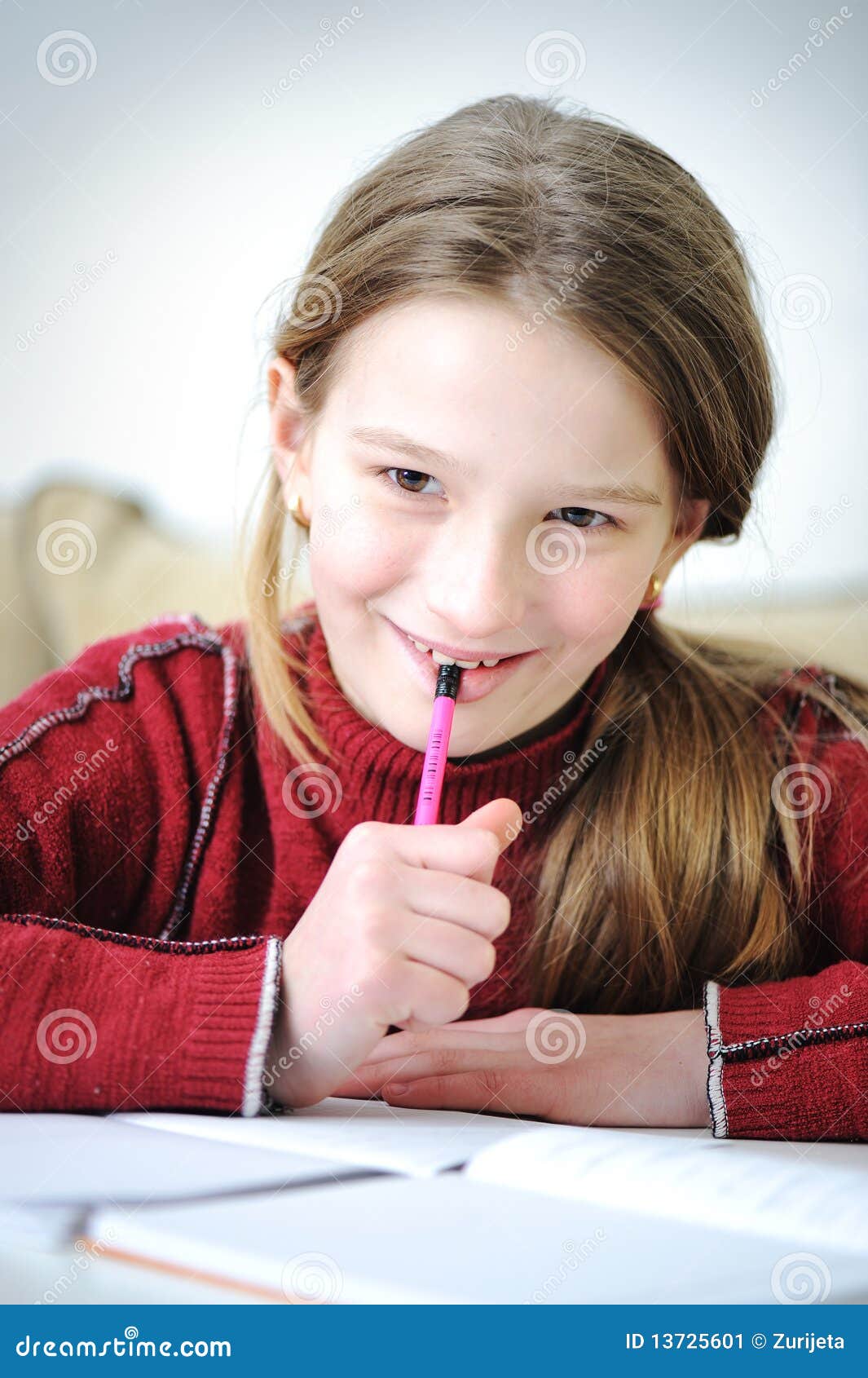 Cute positive girl writing stock image. Image of guessing - 13725601